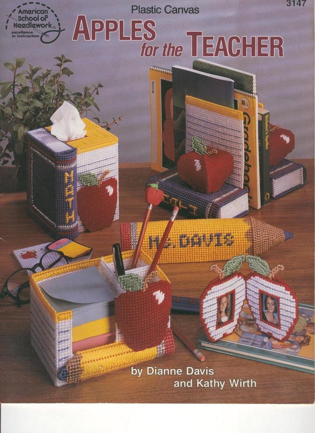 Plastic Canvas Teacher Desk Set – Apple Pencil Holder, Tissue Box Cover ...