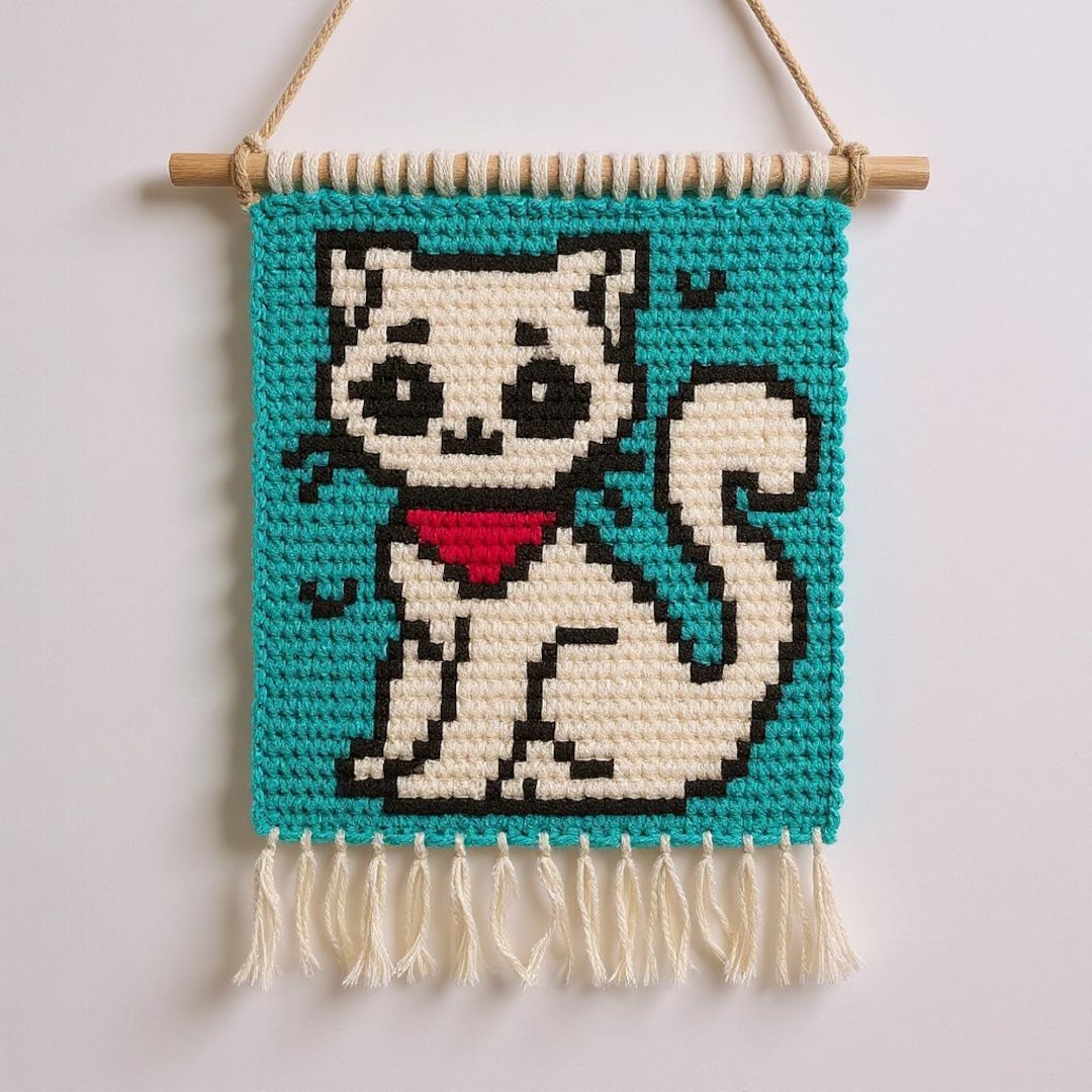 Cute Cat Tapestry Crochet Pattern 50x50 PDF | Cartoon Kitty Wall ...