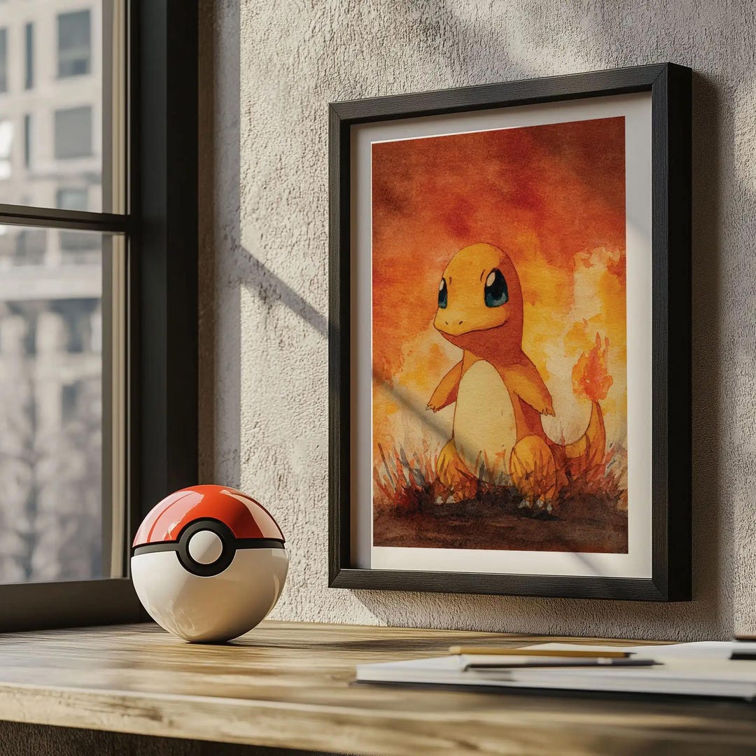 Charmander Watercolor Art Print – Gamer Room, Kids Decor (framed or ...