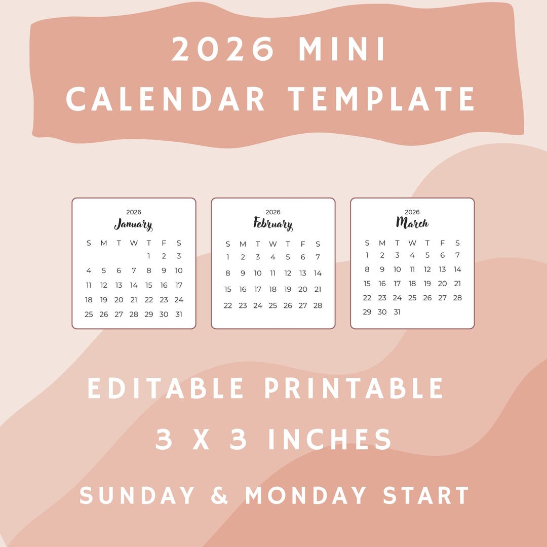 Editable 2026 Mini Calendar 3x3in Printable Instant Download - Etsy