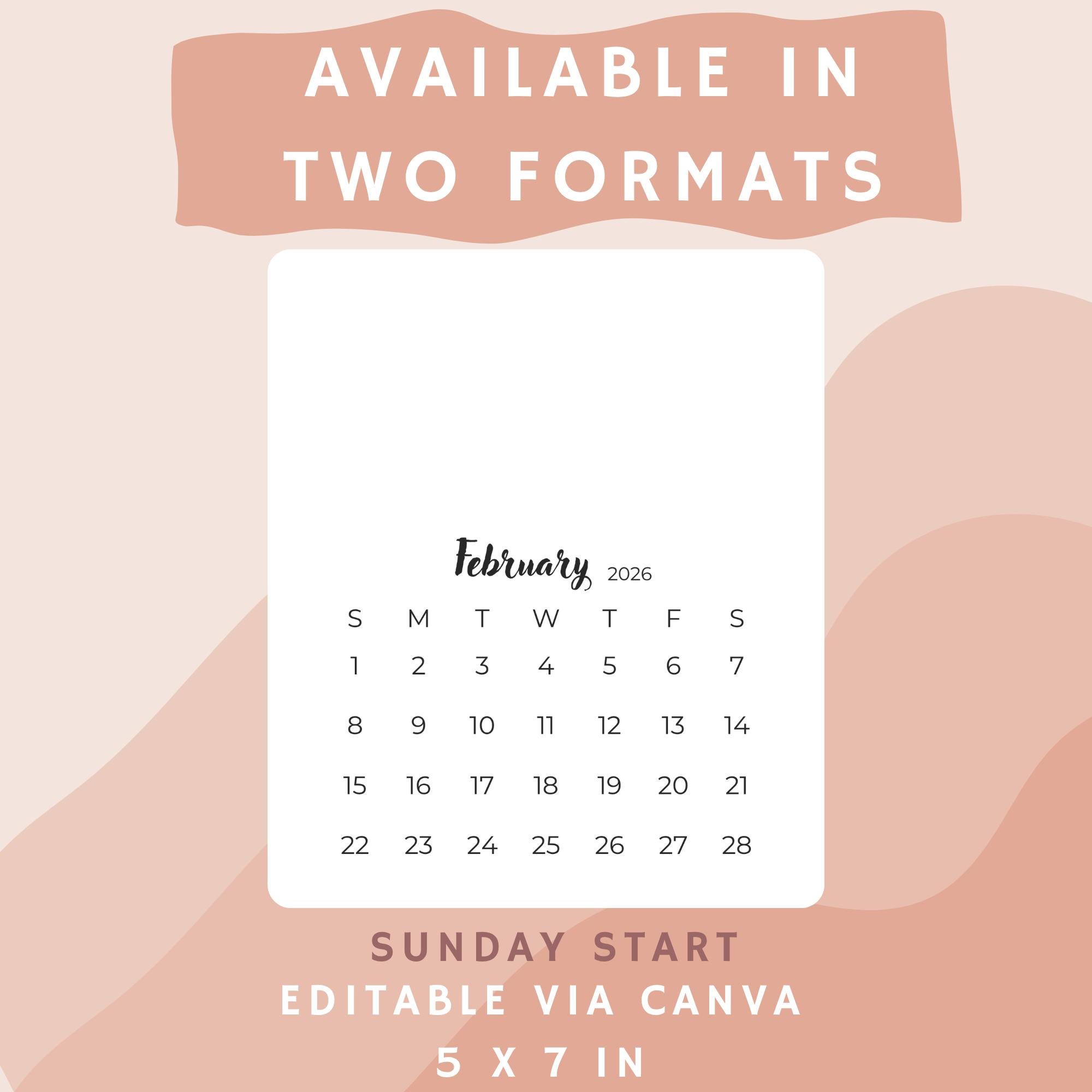 Editable 2026 Monthly Calendar Sunday and Monday Start Printable ...