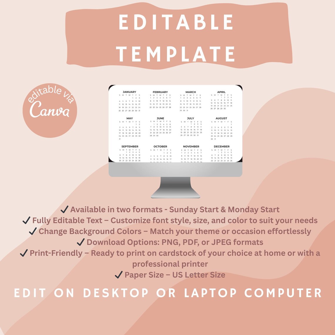 Editable 2026 Yearly Calendar 2026 Printable Instant Download 2026 ...