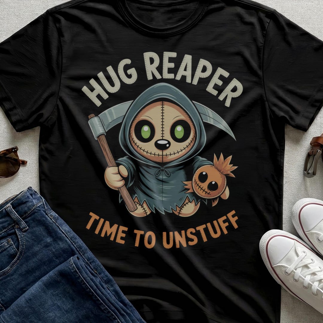 Hug Reaper Plushie Scythe Tee, Stitched Grim Halloween Shirt, Voodoo ...