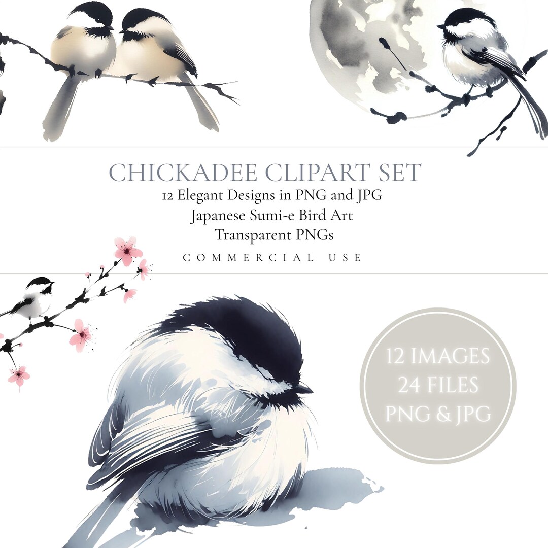Chickadee Clipart Set | Sumi-e Bird Clipart | Minimalist Japanese Ink ...