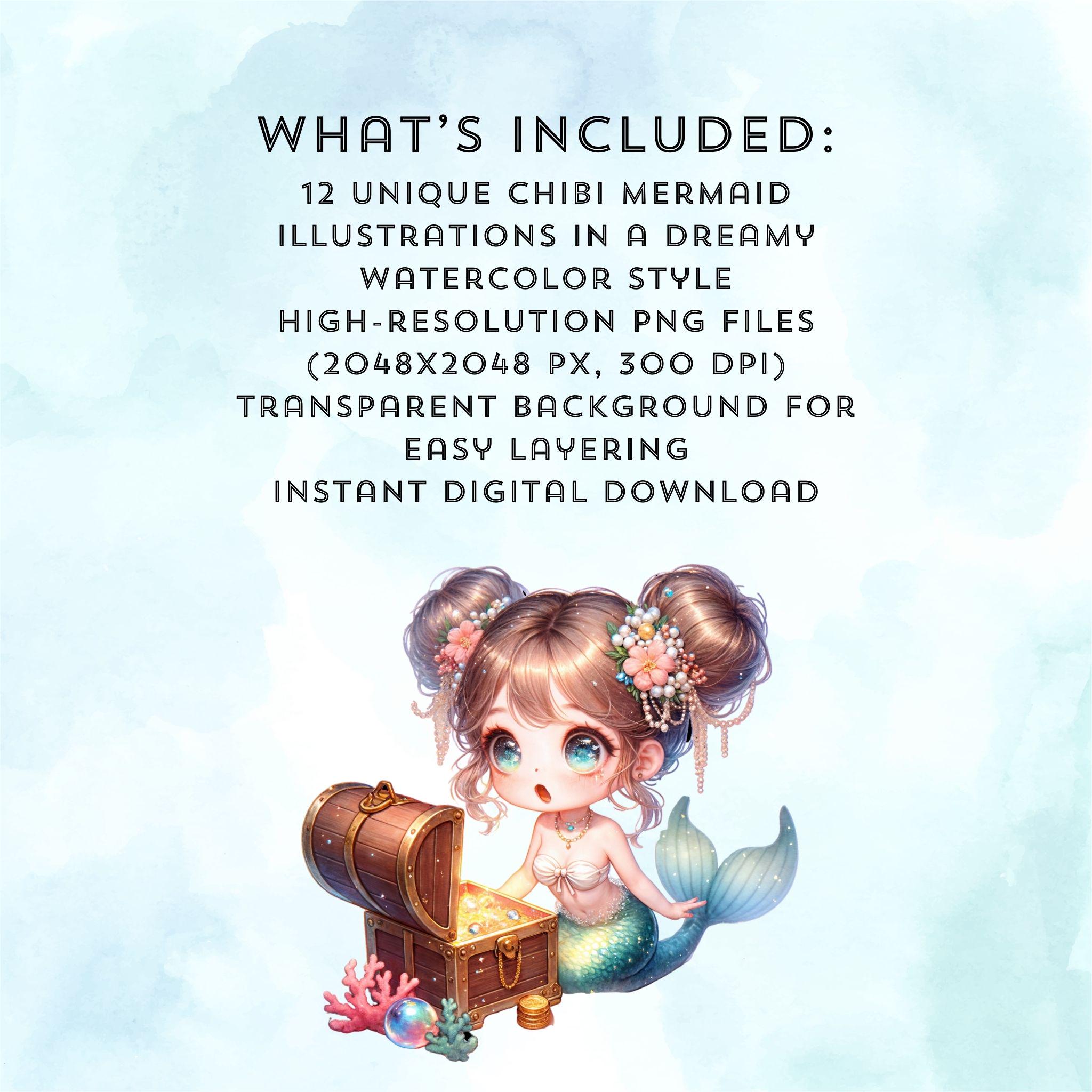 Chibi Mermaid Clipart Set: Watercolor Pngs (digital Download) - Etsy