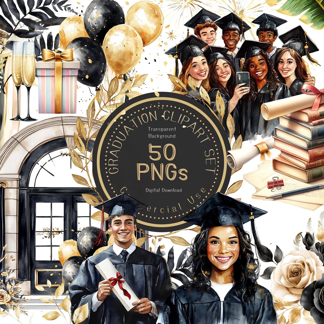 Graduation Clipart Set – 50 Watercolor Pngs – Party Icons, Grads ...