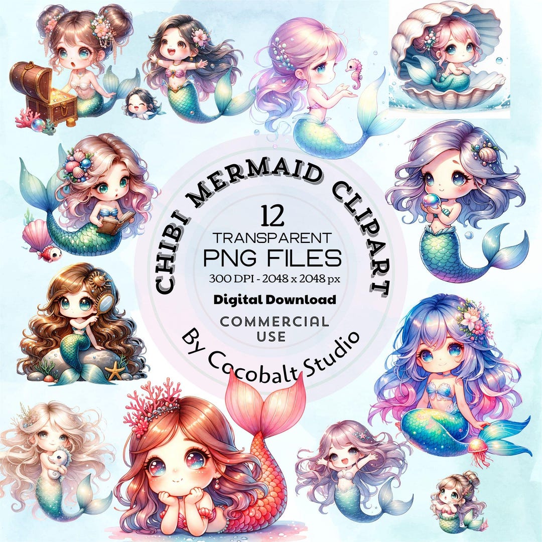 Chibi Mermaid Clipart Set: Watercolor Pngs (digital Download) - Etsy