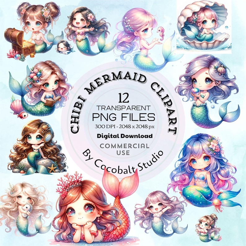 Chibi Mermaid Clipart Set - Cute Watercolor Pngs for Nursery ...