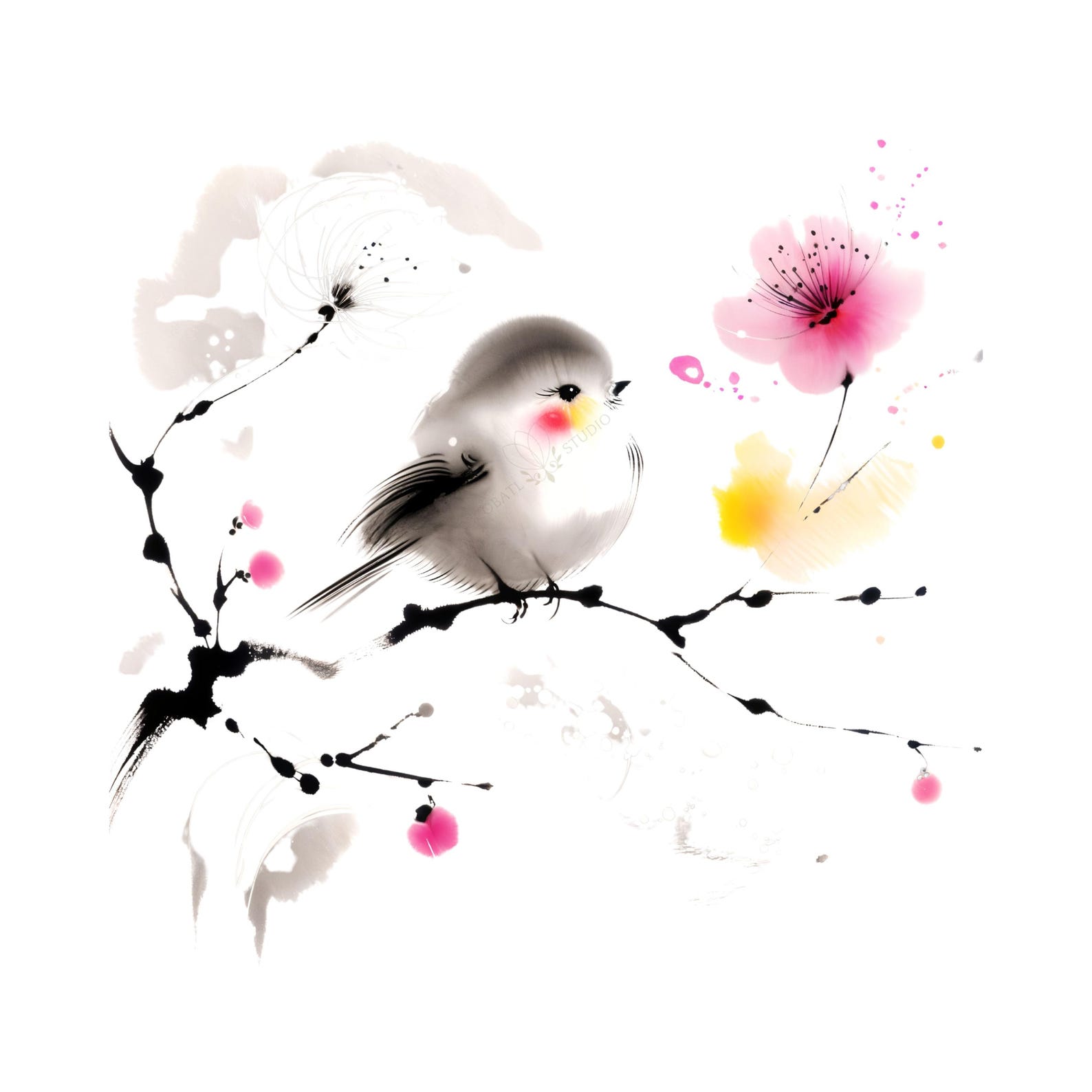 Bird on Branch Clipart + Wall Art | Sumi-e Japanese Ink Art ...