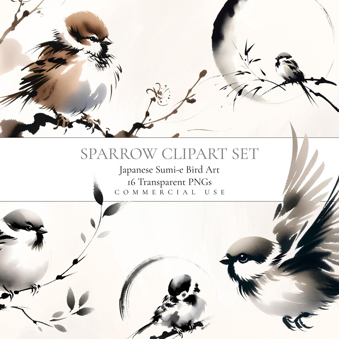 Sparrow Clipart Set | Japanese Sumi-e Bird Art | Minimalist Nature ...
