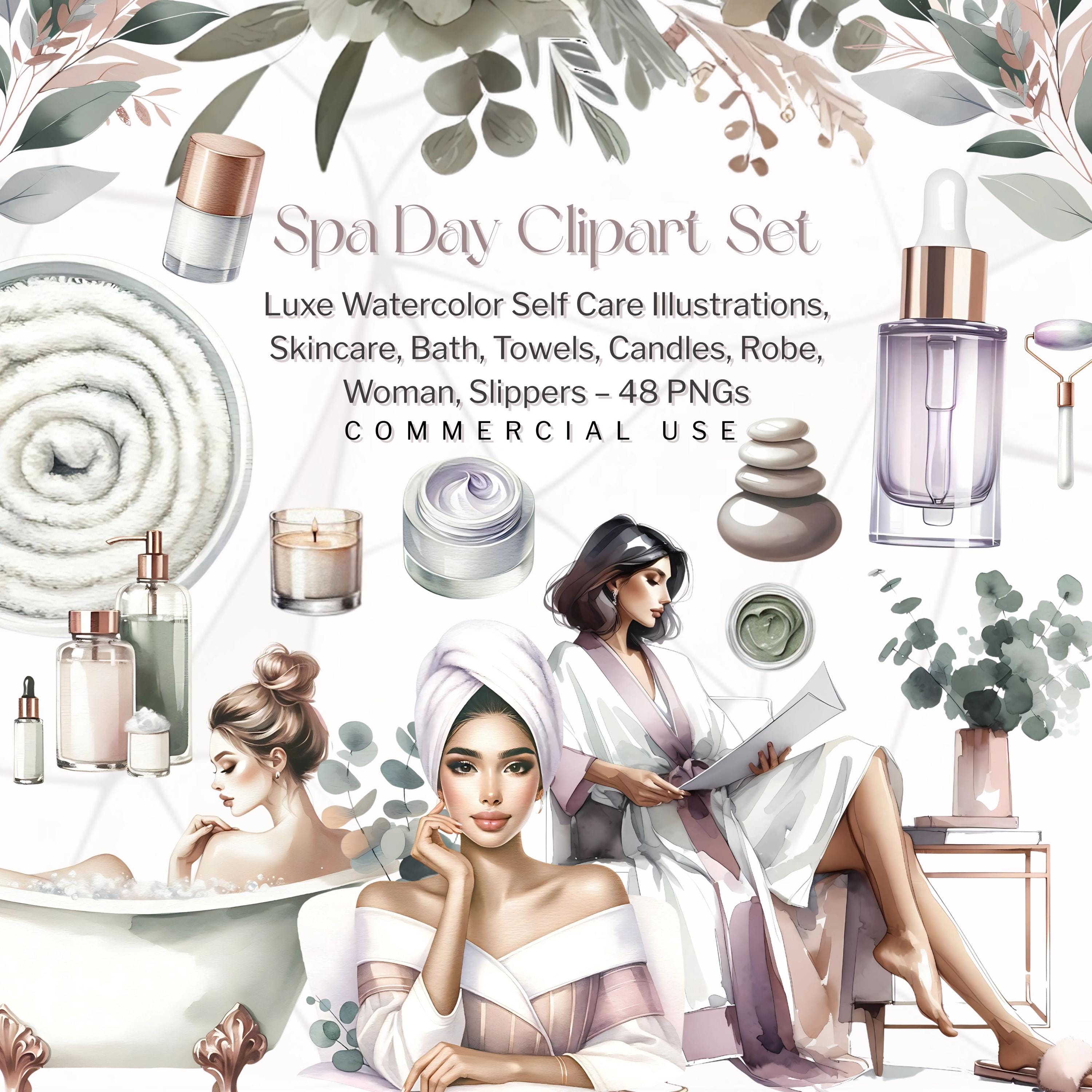 Spa Day Clipart Set – Luxe Watercolor Self Care Illustrations, Skincare ...