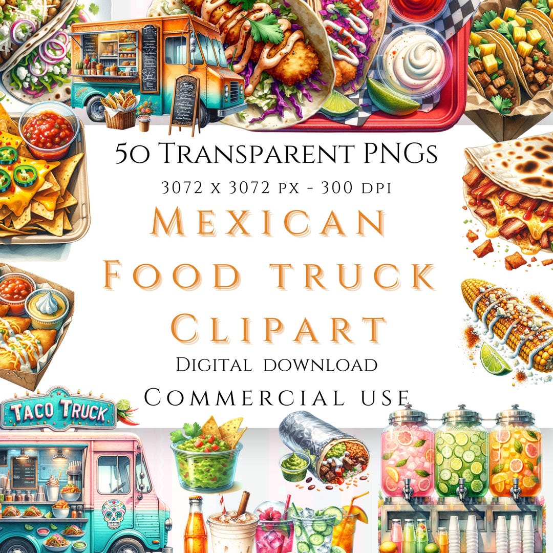 Mexican Food Truck Clipart PNG | Watercolor Taco Trucks, Street Food ...