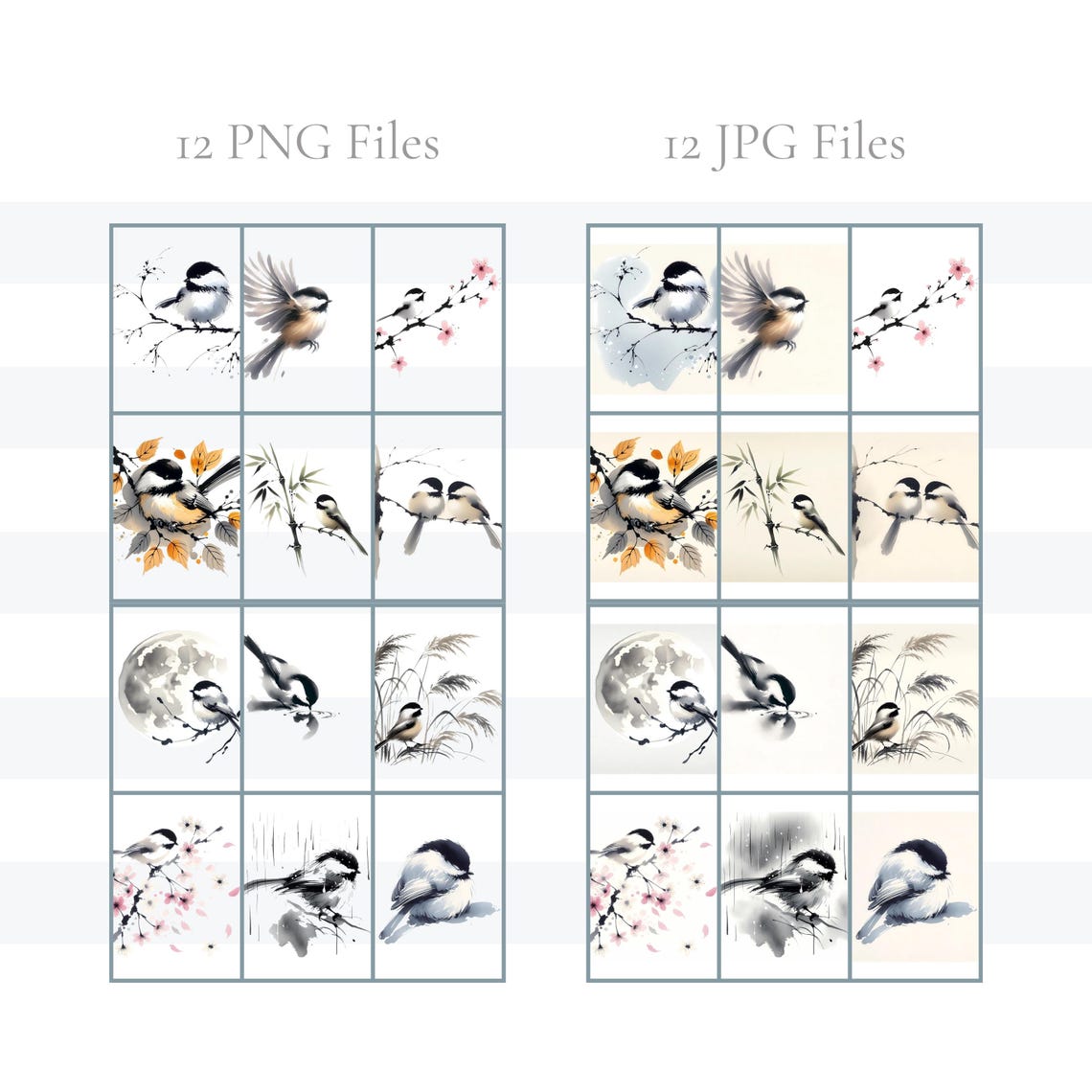Chickadee Clipart Set: Sumi-e Japanese Ink Art (PNG & JPG) - Etsy