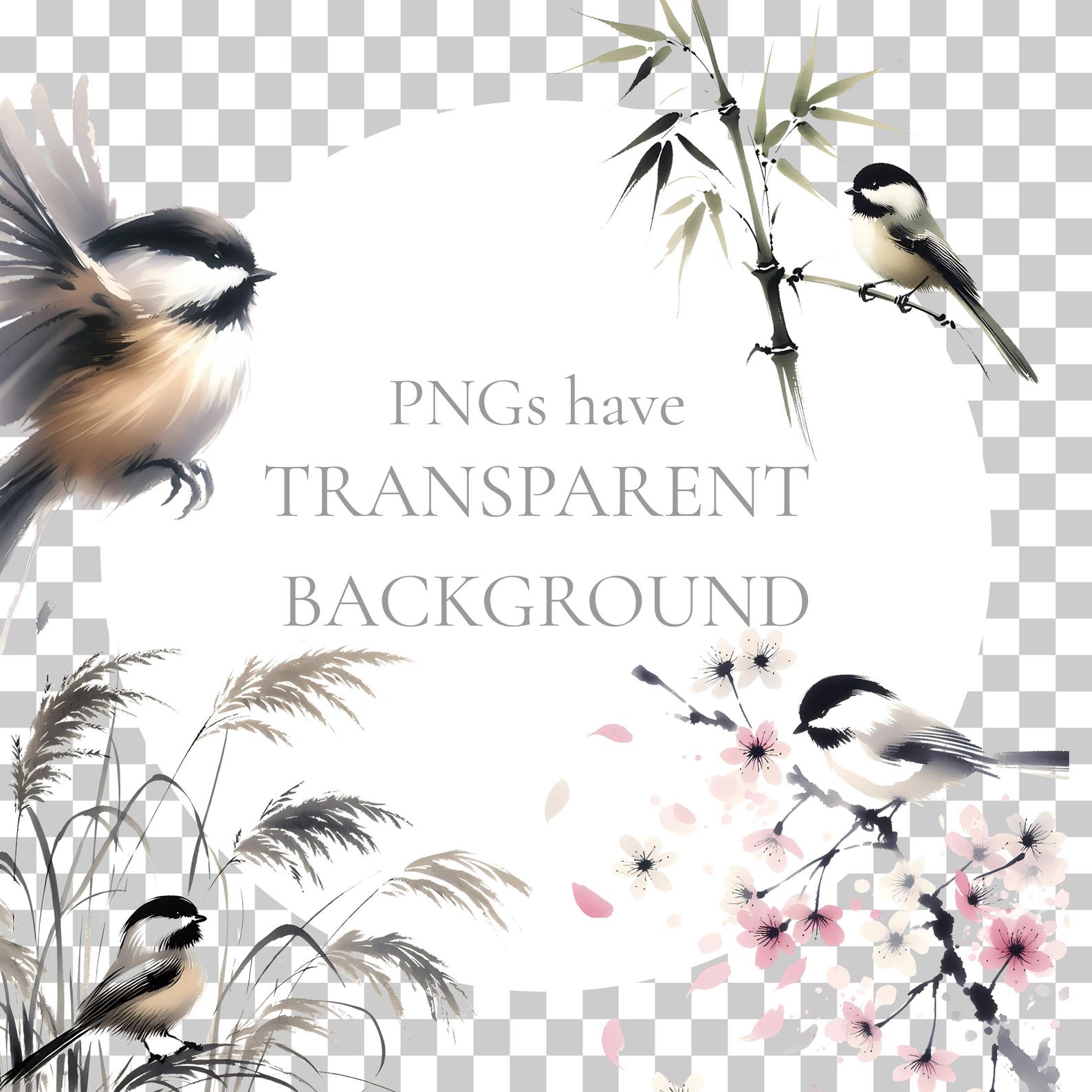Chickadee Clipart Set: Sumi-e Japanese Ink Art (PNG & JPG) - Etsy