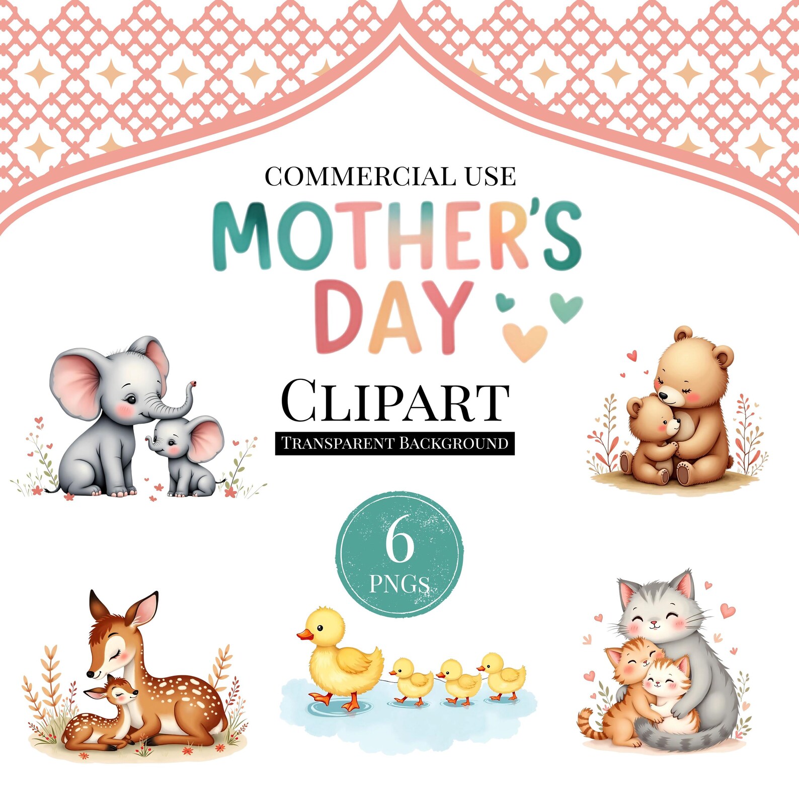 Mother’s Day Clipart – Cute Animal Moms and Babies – 6 Pngs ...