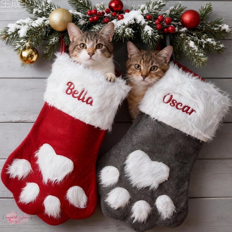 Personalized Embroidered Paw Christmas Stocking, Cat Stocking, Custom ...