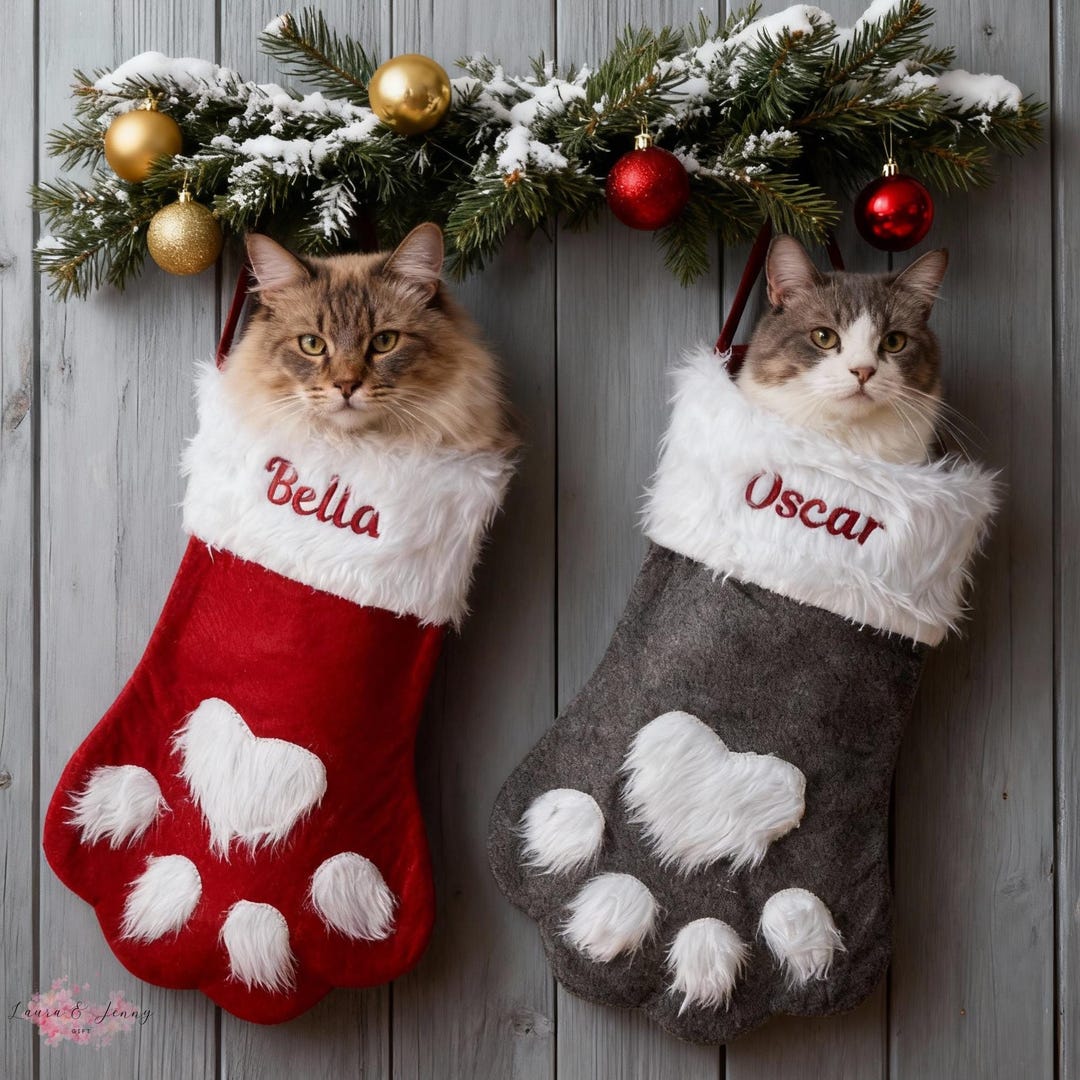 Personalized Embroidered Paw Christmas Stocking, Cat Stocking, Custom ...