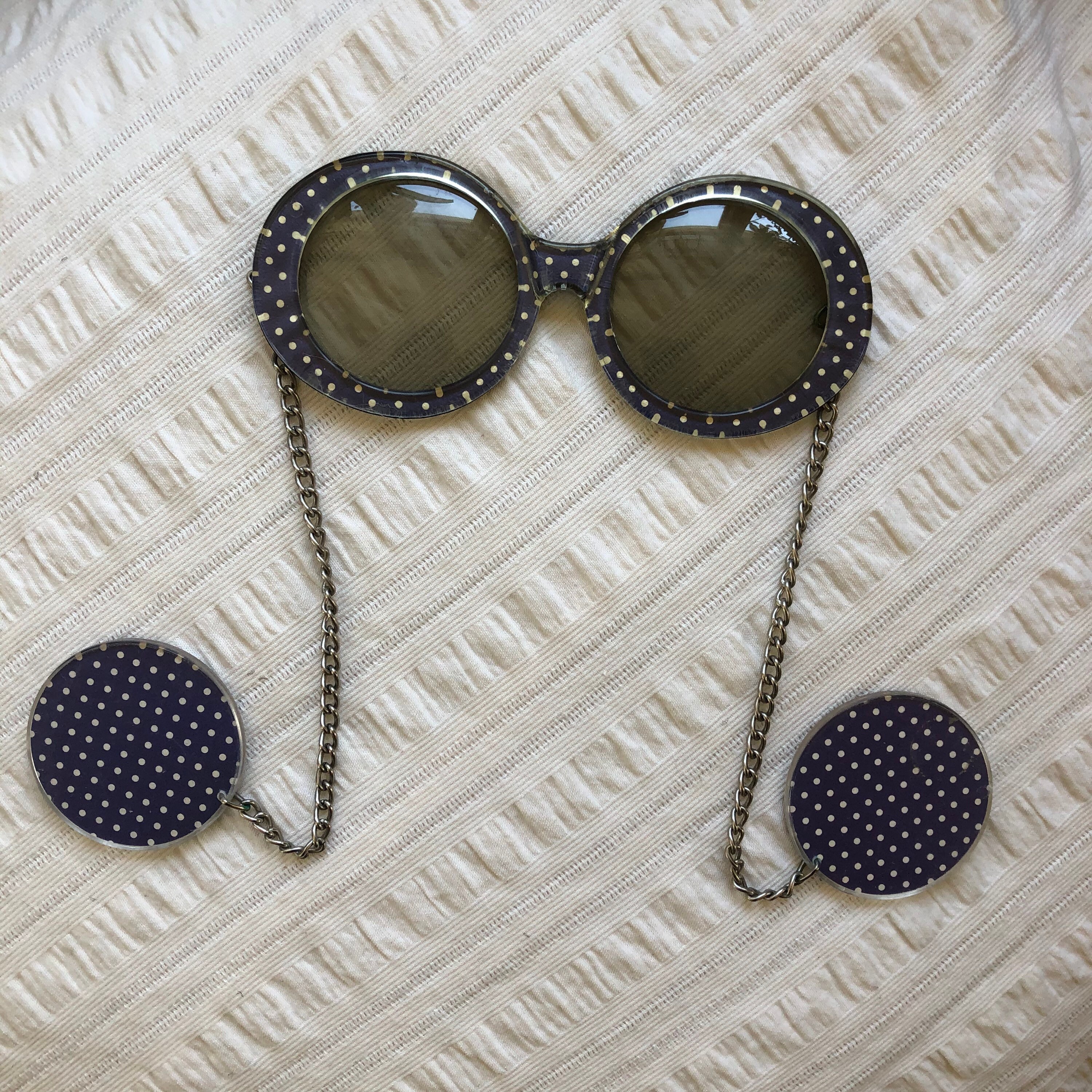 60s Purple Pop Art Mod Earring Chain Sunglasses Vintage 1960s Polka