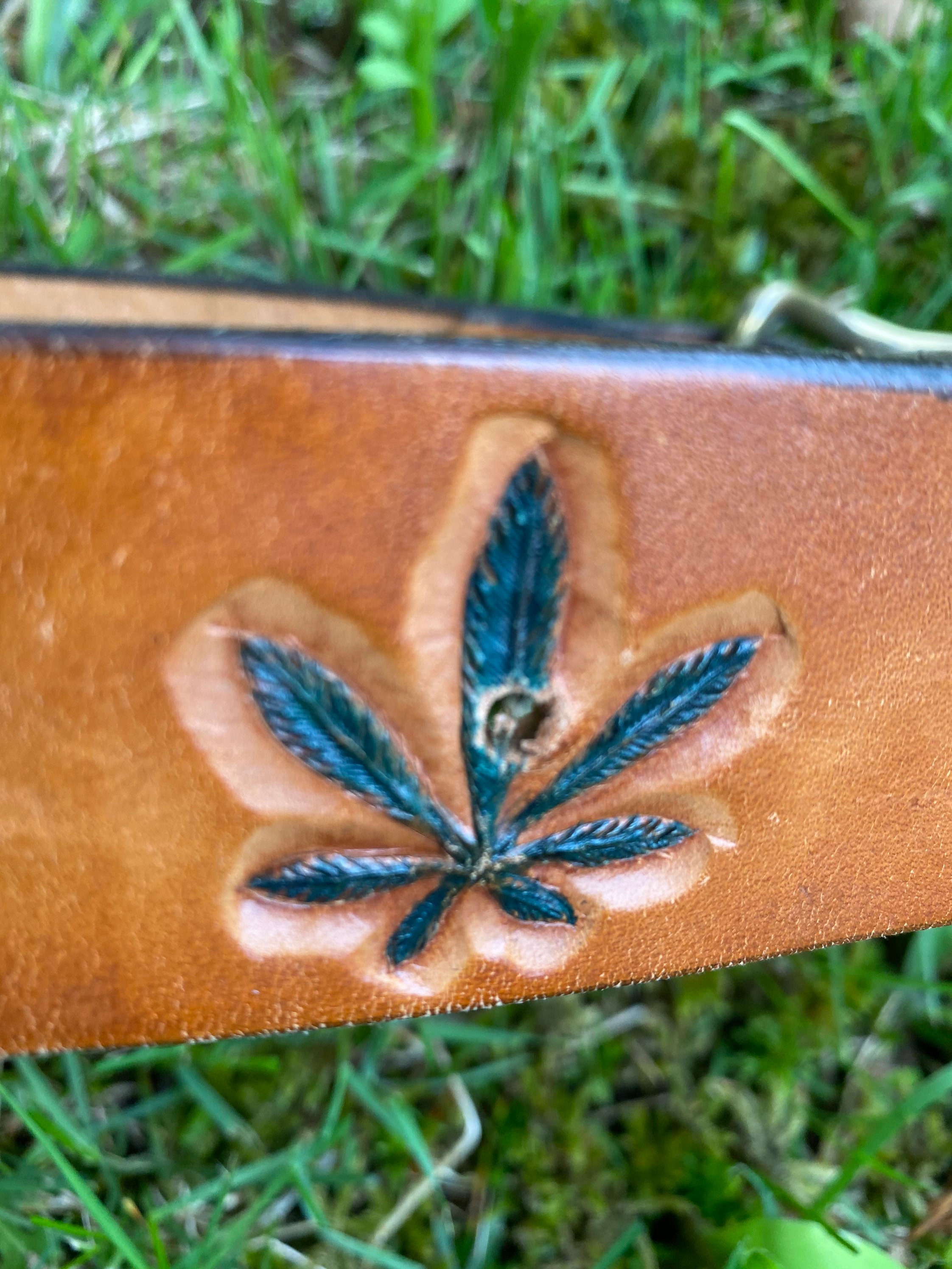 70s POT LEAF rare brass buckle & leather belt / vintage 1970s weed ...