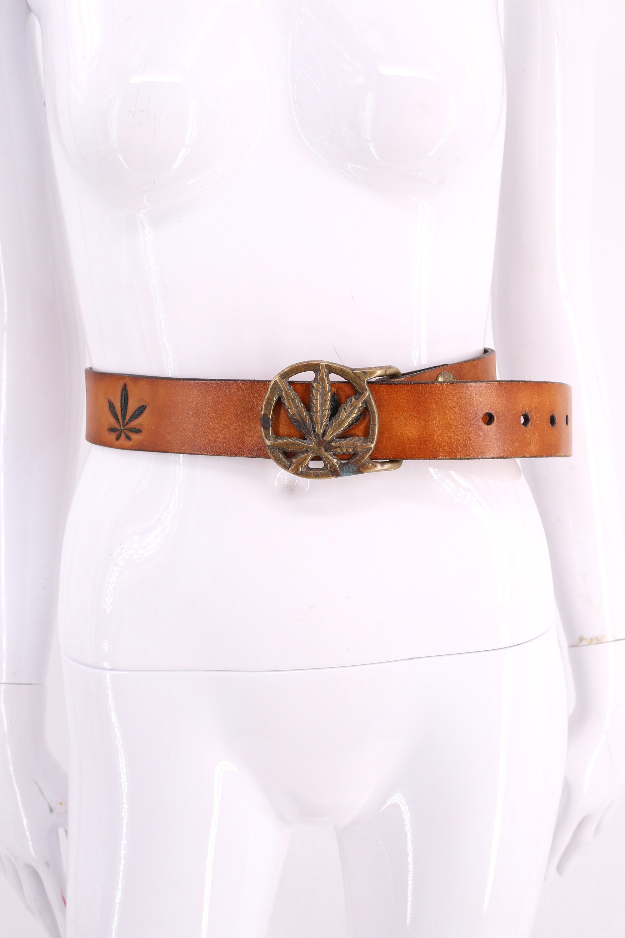 70s POT LEAF rare brass buckle & leather belt / vintage 1970s weed ...