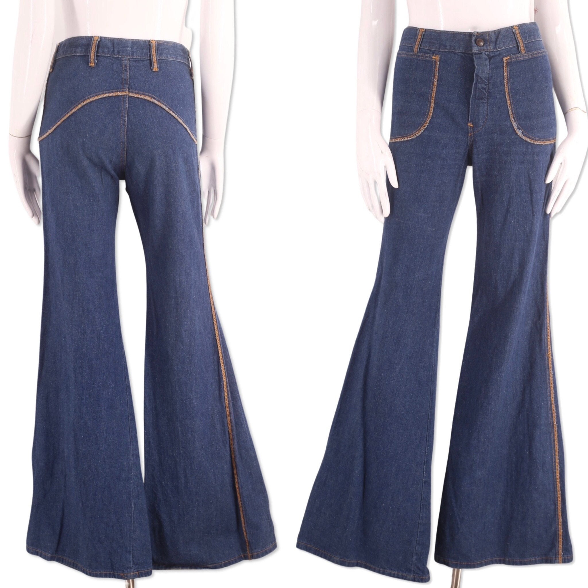 70s saddle stitch denim bell bottoms jeans 29, vintage 1970s dark denim ...