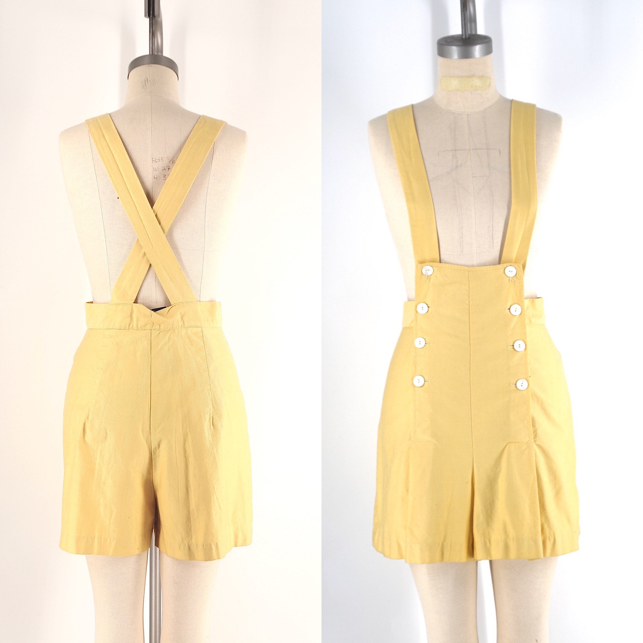 40s rare romper overalls sz L / vintage 1940s pale yellow cotton ...