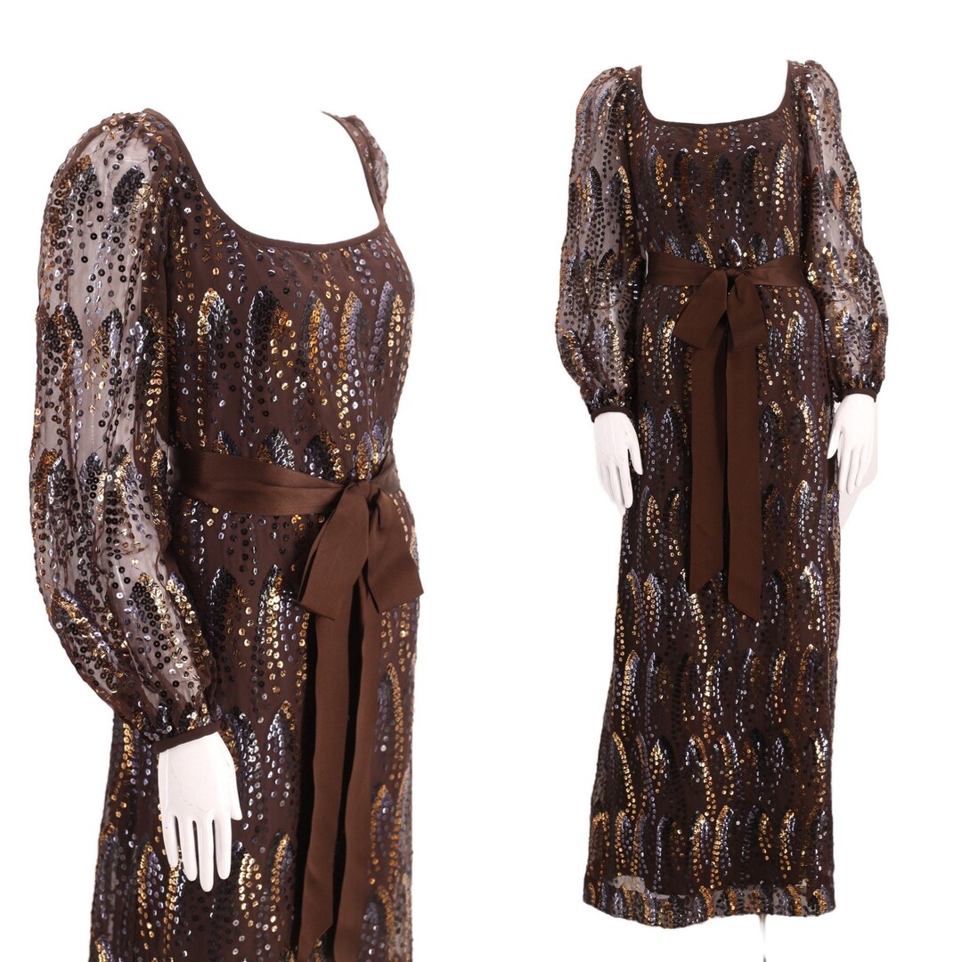 70s ADELE SIMPSON Brown Sequined Evening Gown / 1980s Chiffon - Etsy