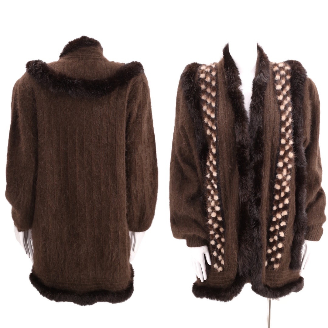 80s Fur Trim Sweater Cocoon Coat L, Vintage 1970s 80s Brown Mink Trim ...