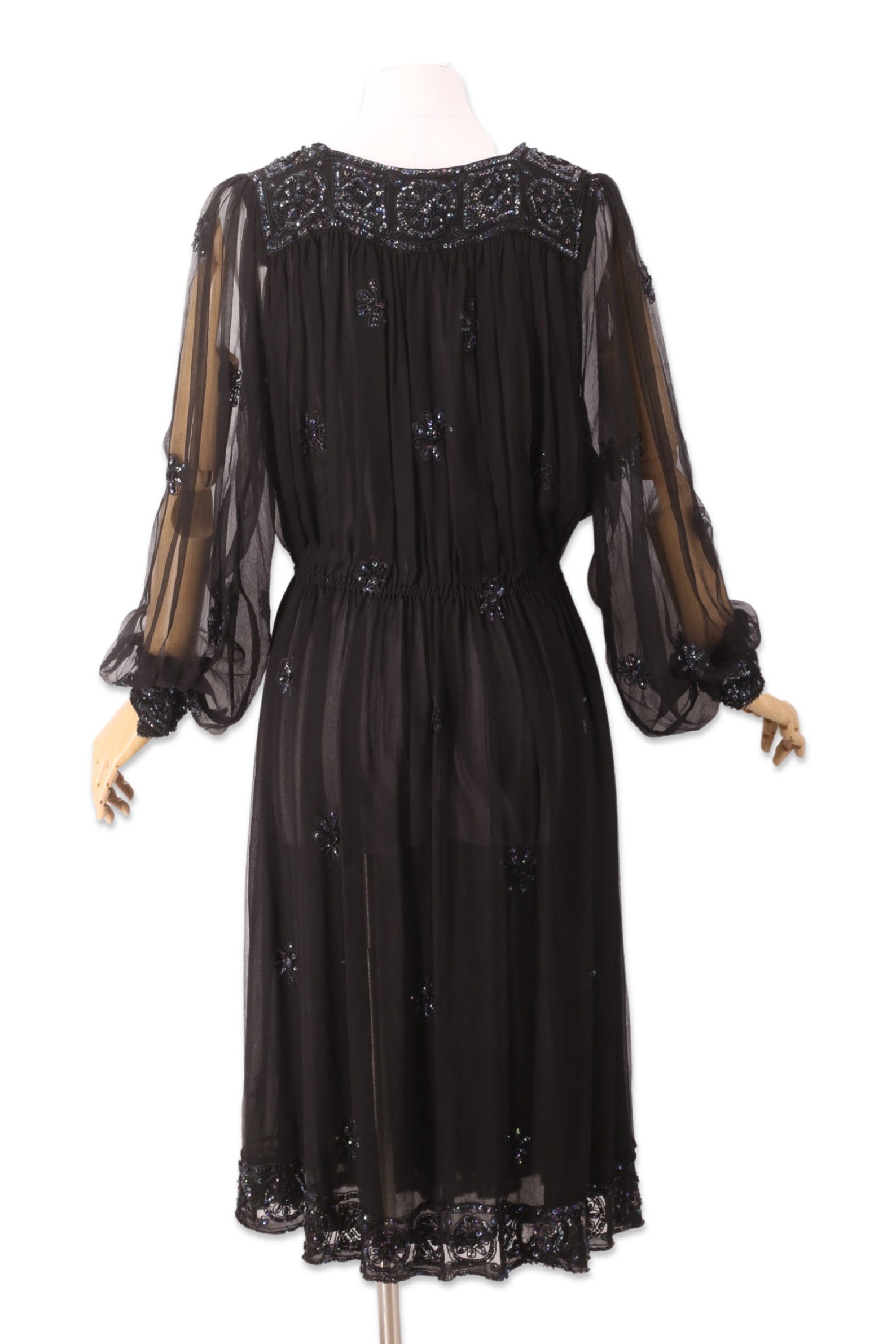 70s JUDITH ANN Black Silk Peasant Dress L / Vintage 1970s Sequin ...