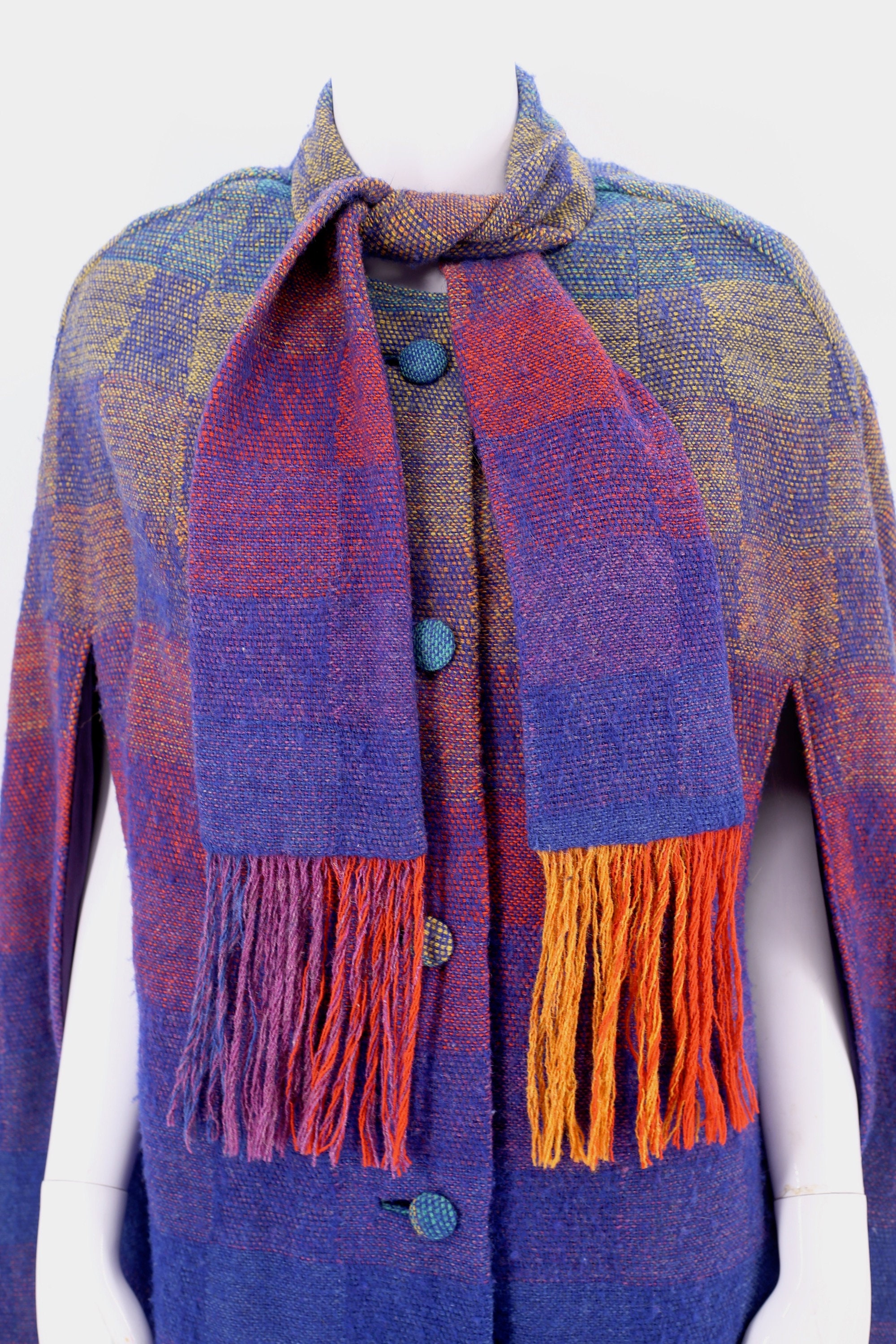 50s technicolor wool cape / vintage 1950s multicolored check print coat ...