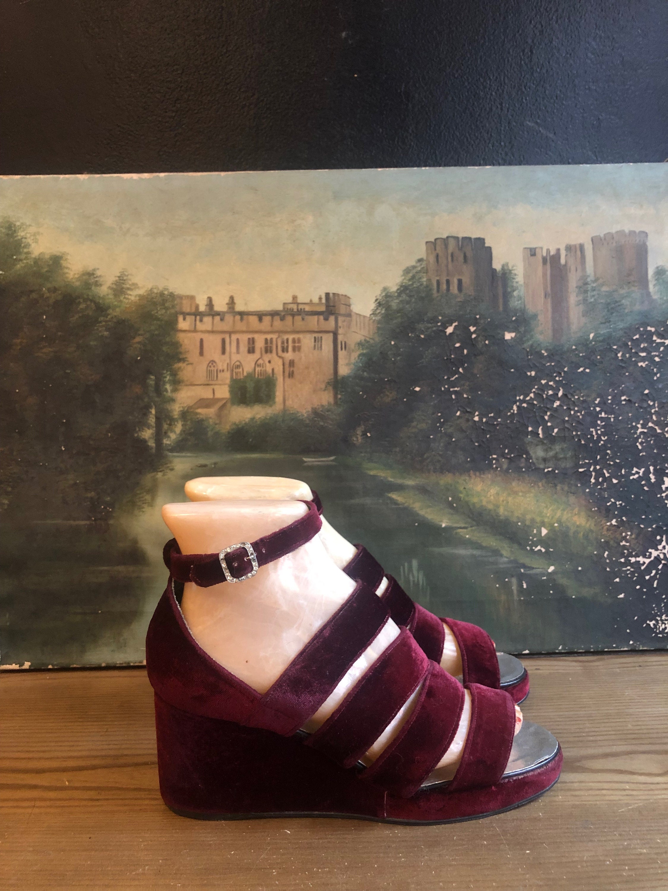 60s PLATFORM SANDALS in deep ruby crushed velvet w/ ankle straps ...