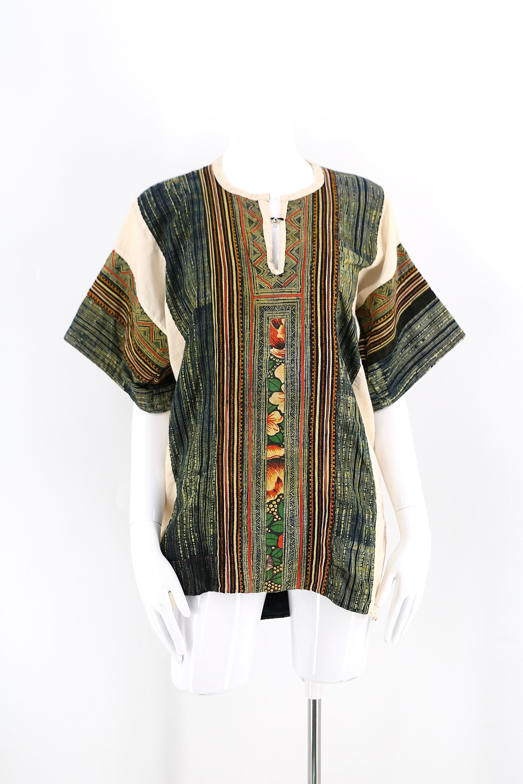 vintage THAI Hmong Indigo dyed cotton tunic shirt ethnic peasant folk sz M