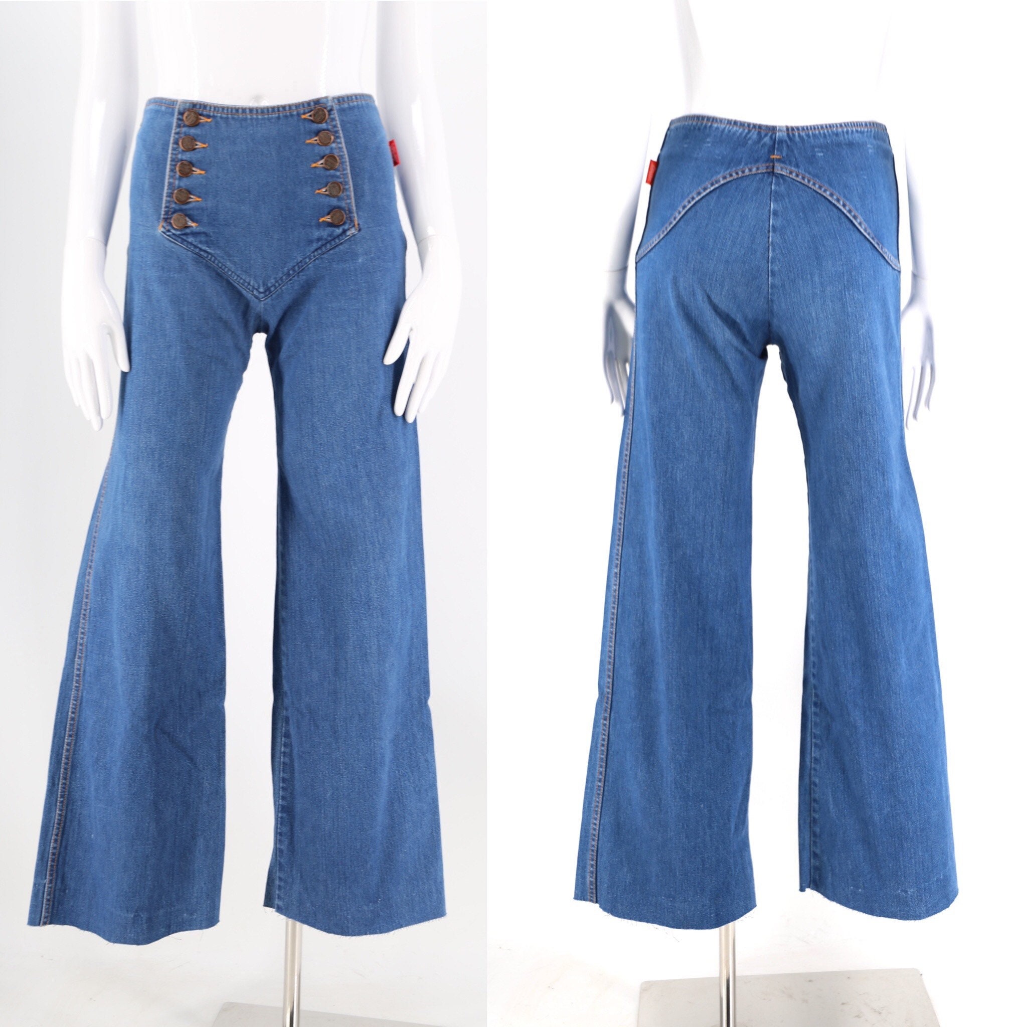 70s Chemin De Fer High Waisted Sailor Style Bell Bottoms 26 Vintage