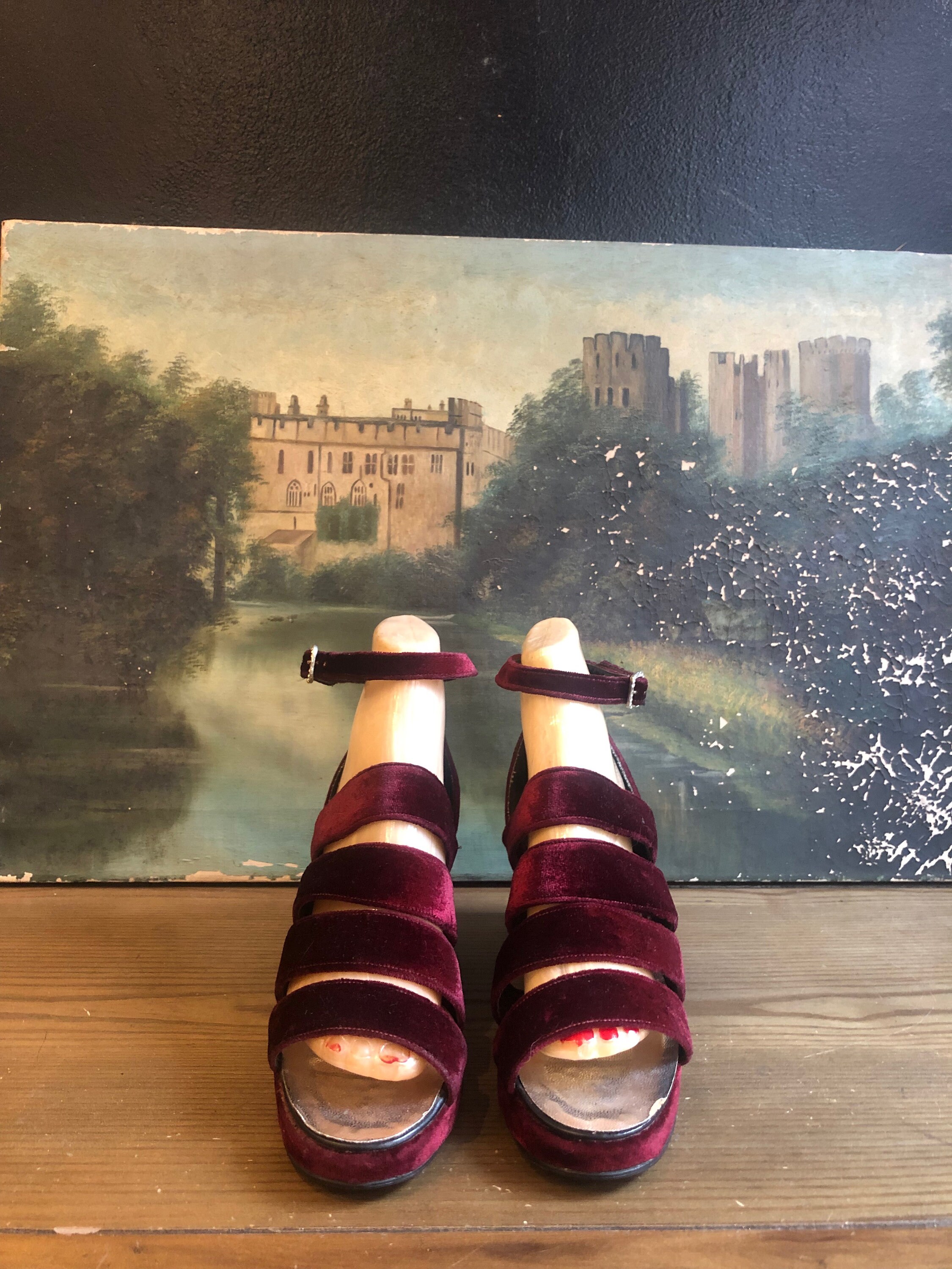60s PLATFORM SANDALS in deep ruby crushed velvet w/ ankle straps ...