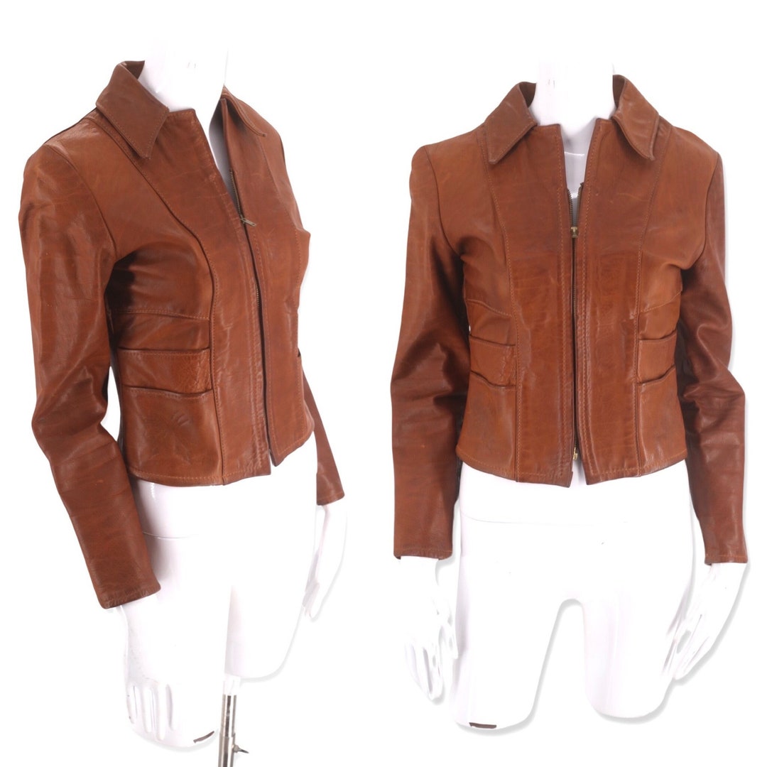 70s NATURAL COMFORT Leather Jacket, 1970s Whiskey Leather Embossed Moto ...