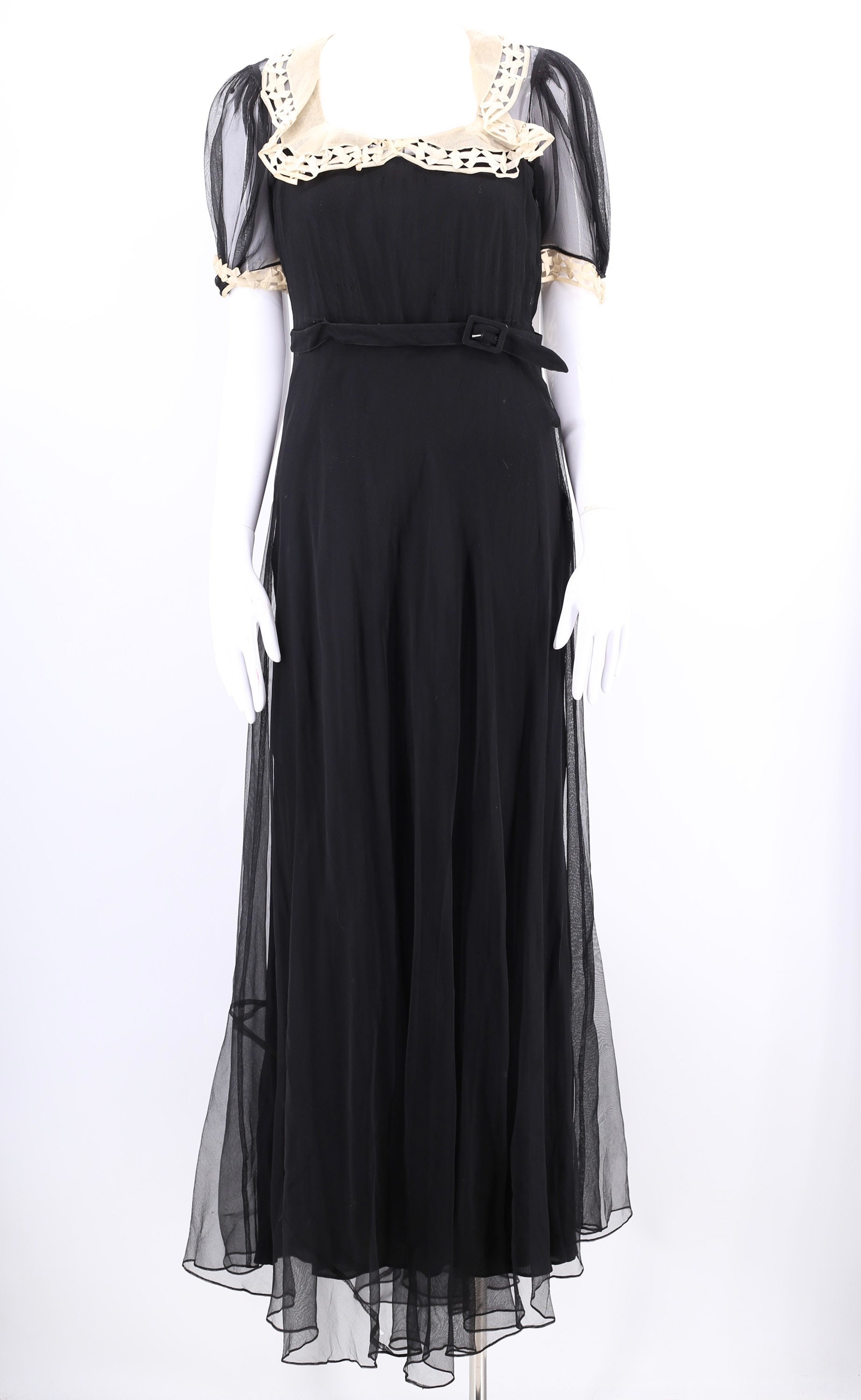 30s Black Sheer Chiffon Gown Size M Vintage 1930s Art Deco White