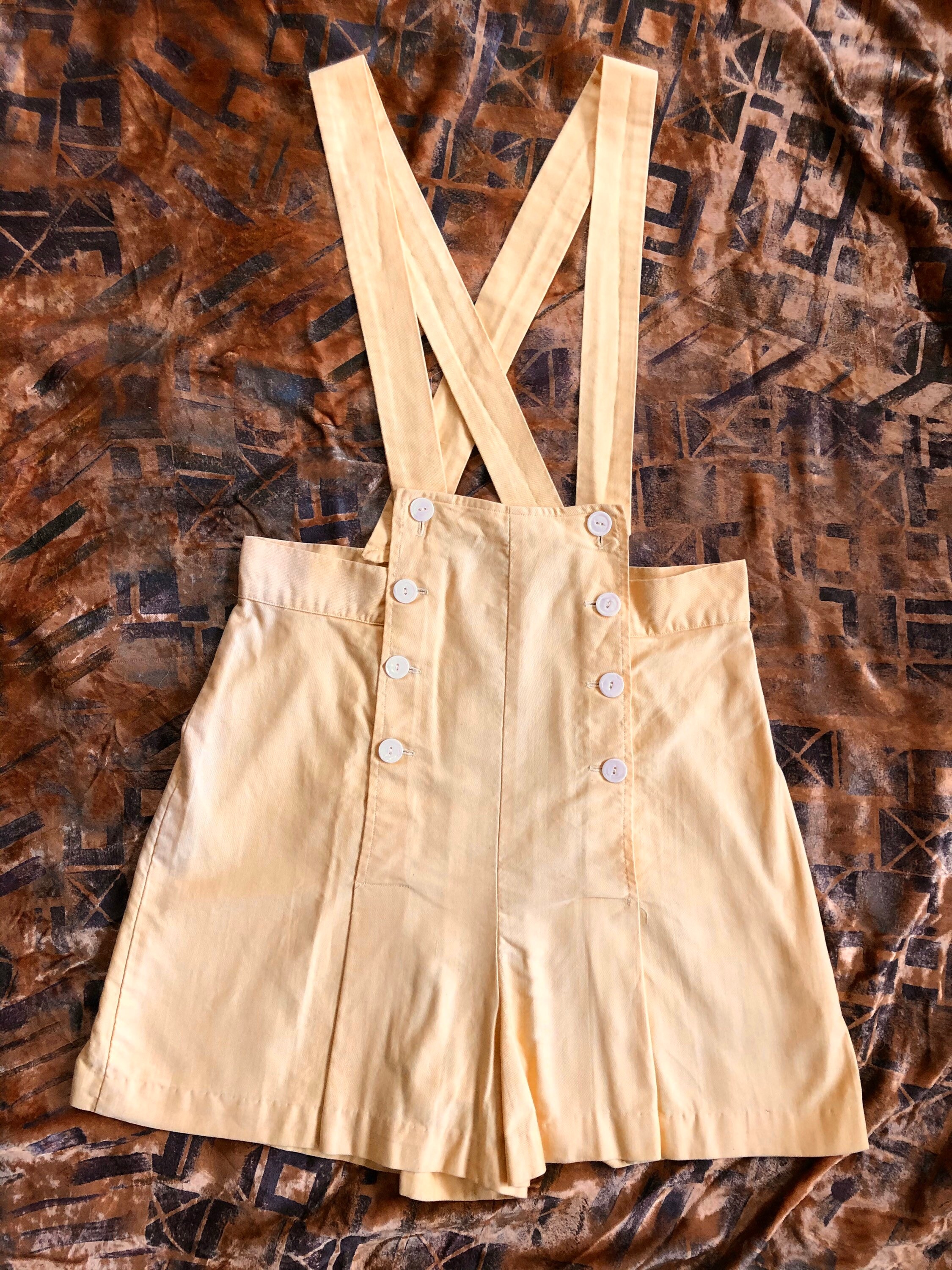 40s rare romper overalls sz L / vintage 1940s pale yellow cotton ...