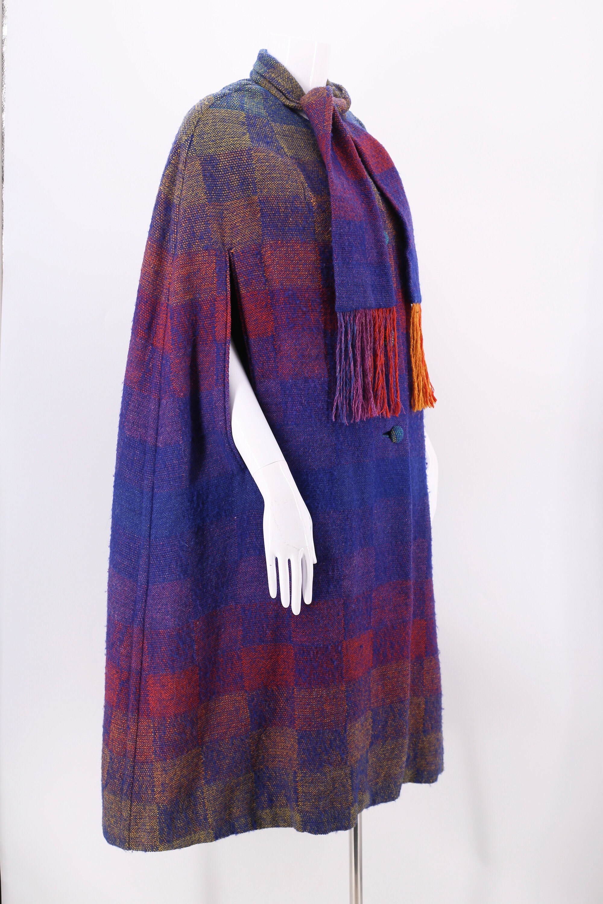 50s technicolor wool cape / vintage 1950s multicolored check print coat ...