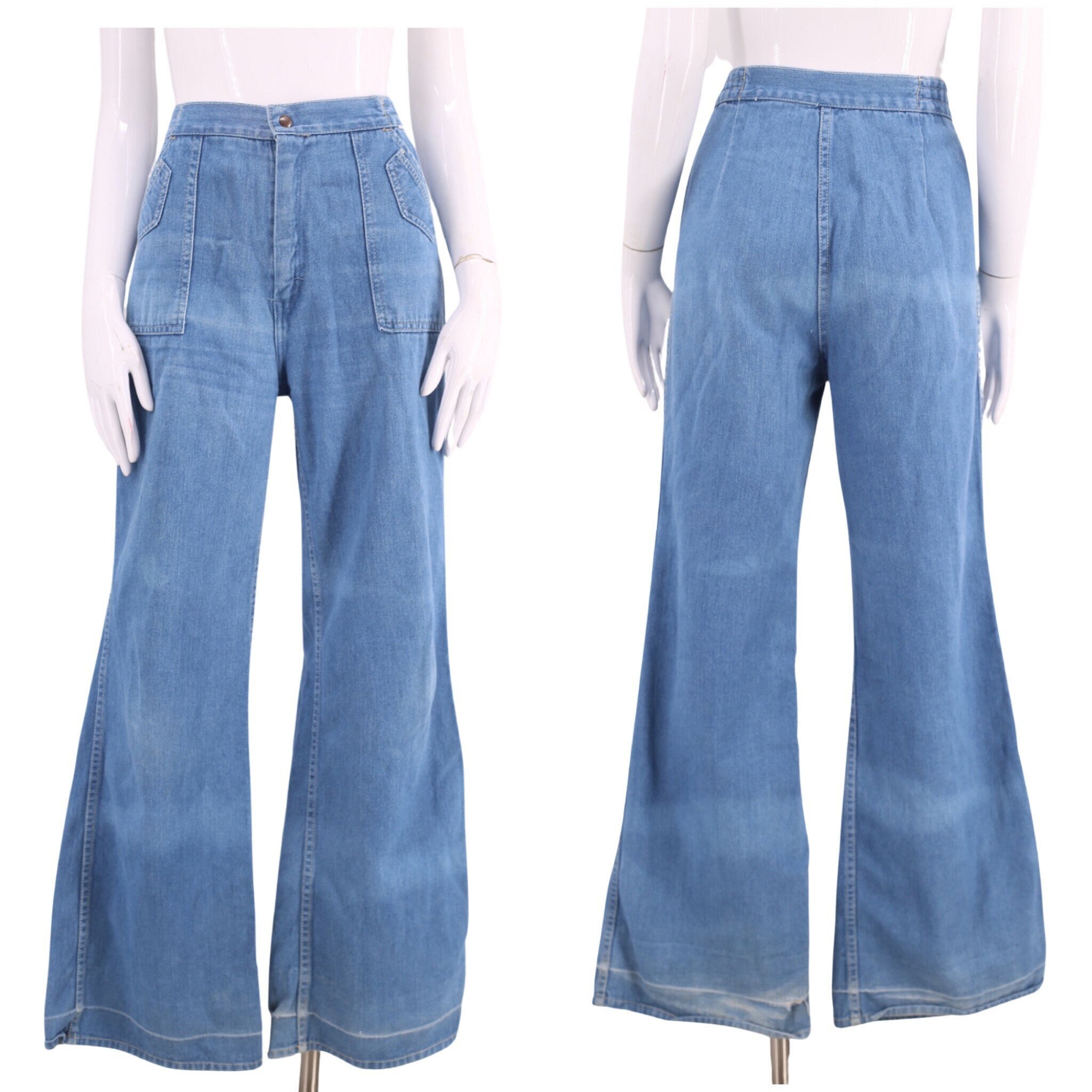 70s high waisted light denim bell bottoms jeans 28 / vintage 1970s ...