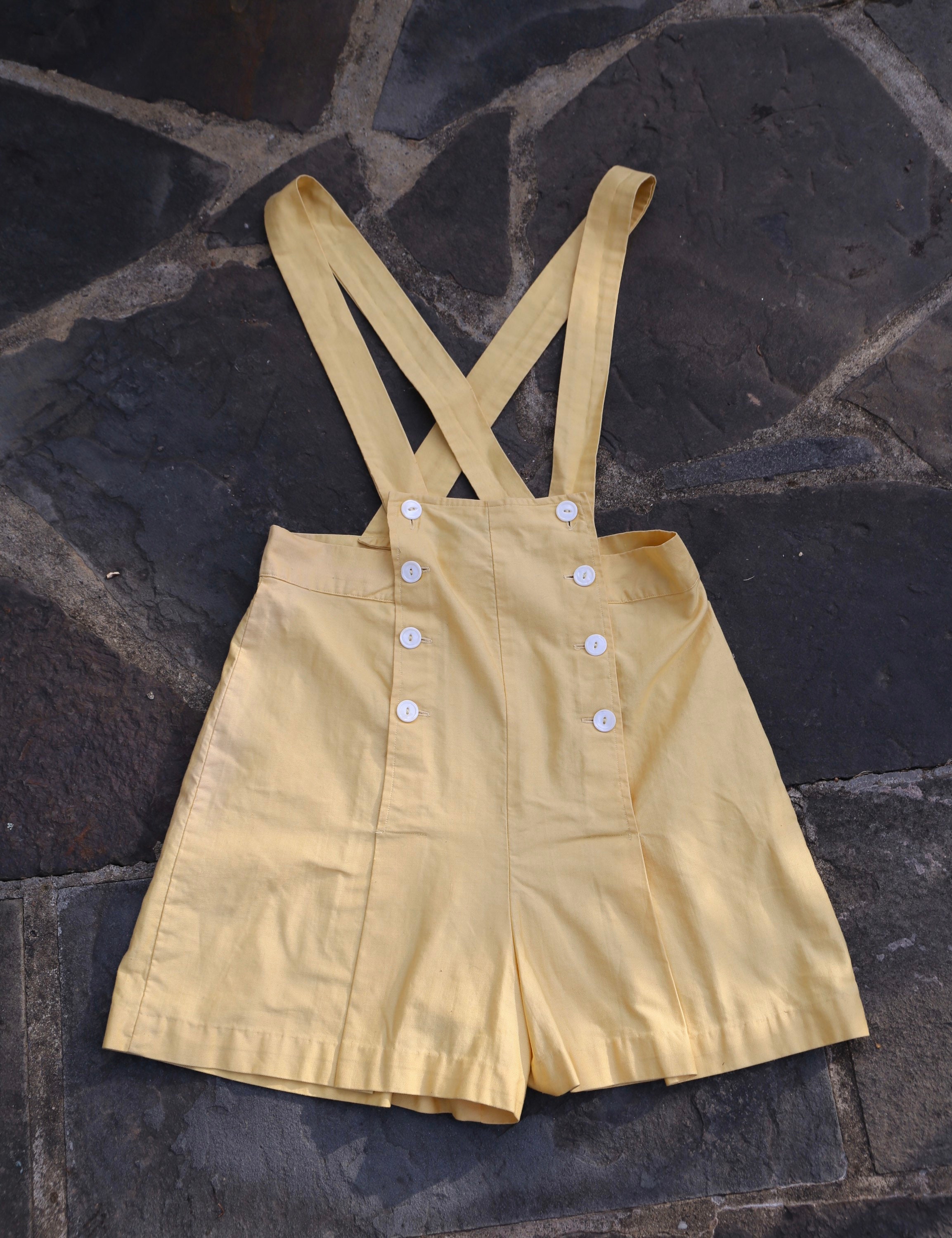 40s rare romper overalls sz L / vintage 1940s pale yellow cotton ...