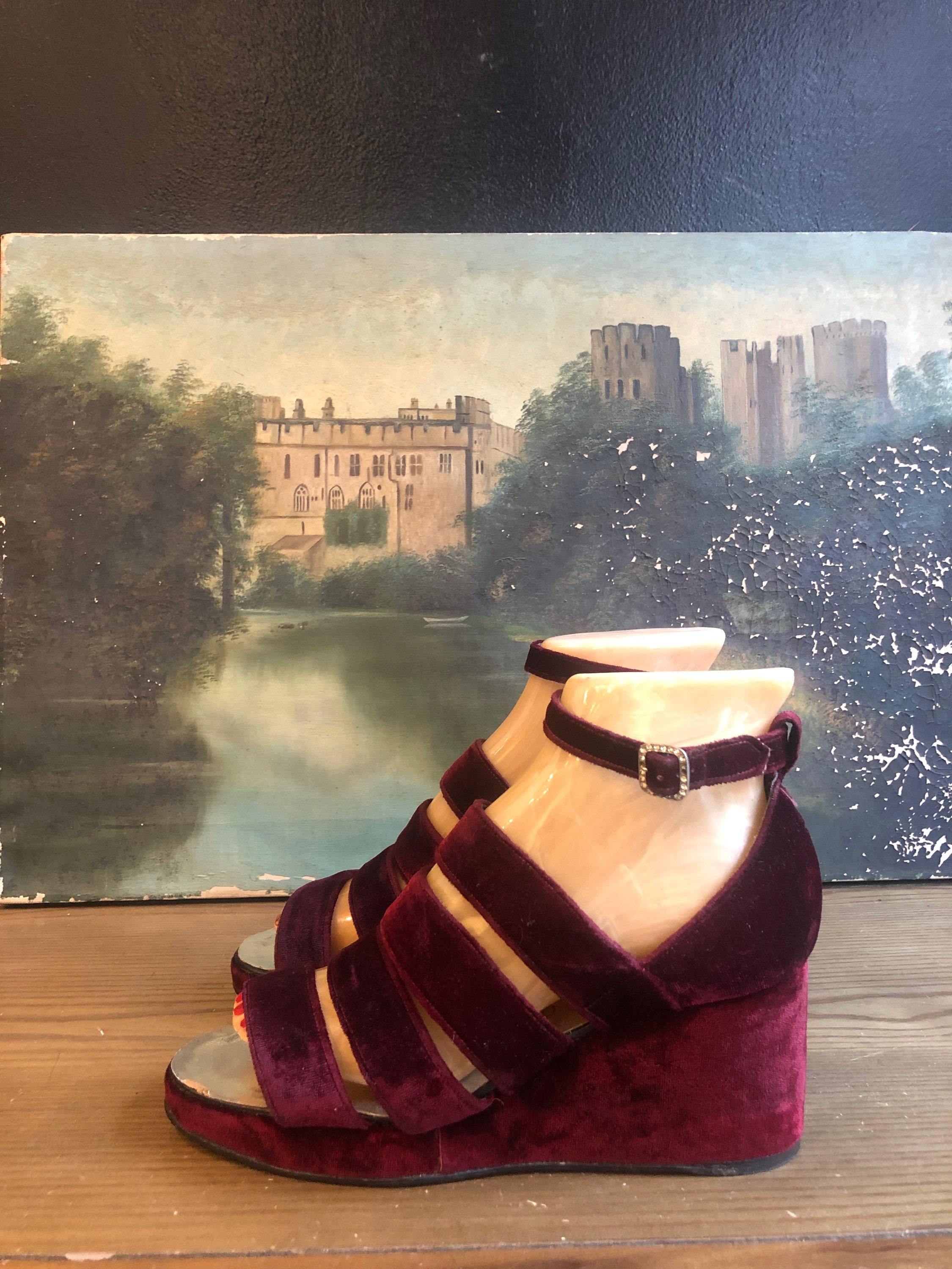 60s PLATFORM SANDALS in deep ruby crushed velvet w/ ankle straps ...