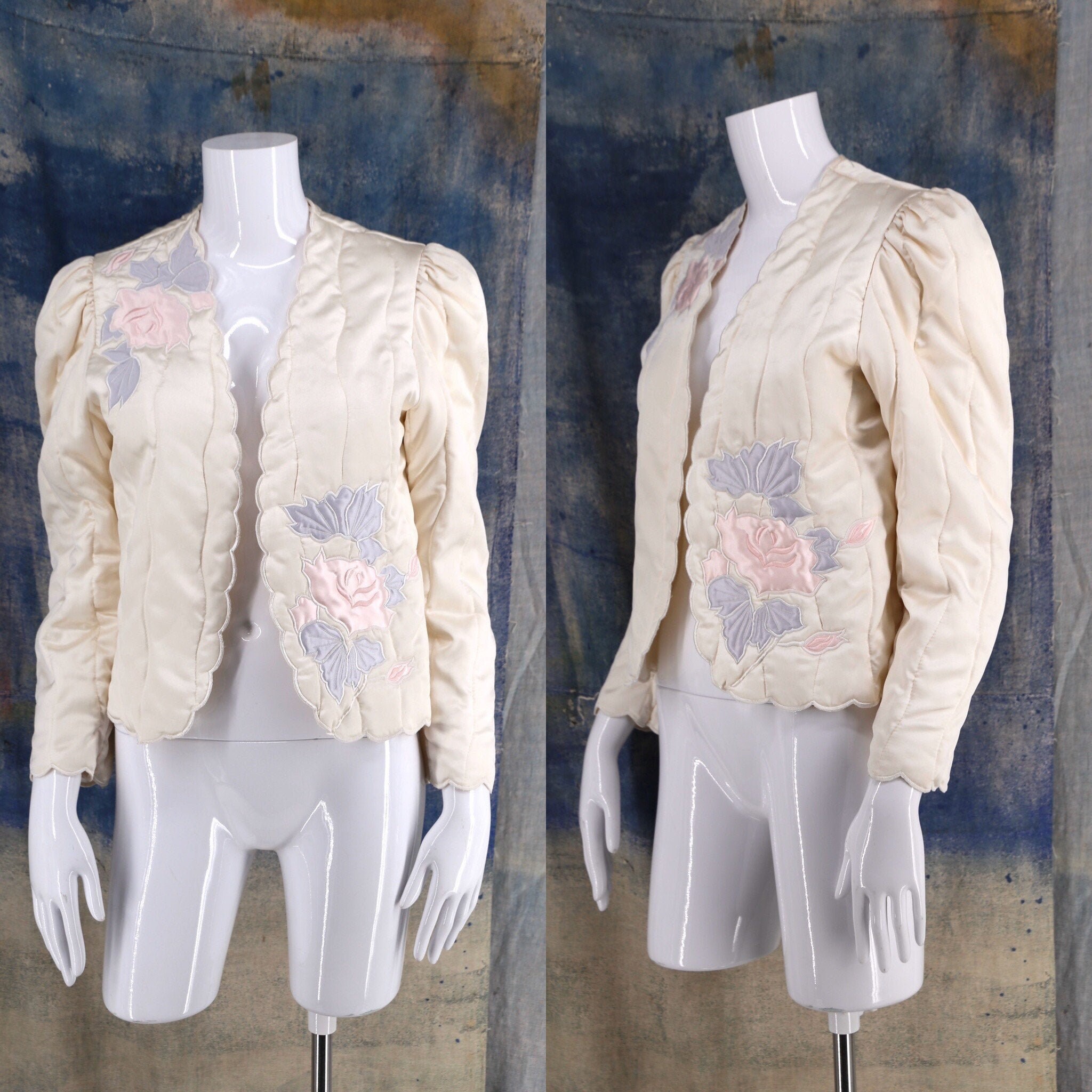 80s quilted NATORI white satin floral jacket / vintage 1980s romantic ...