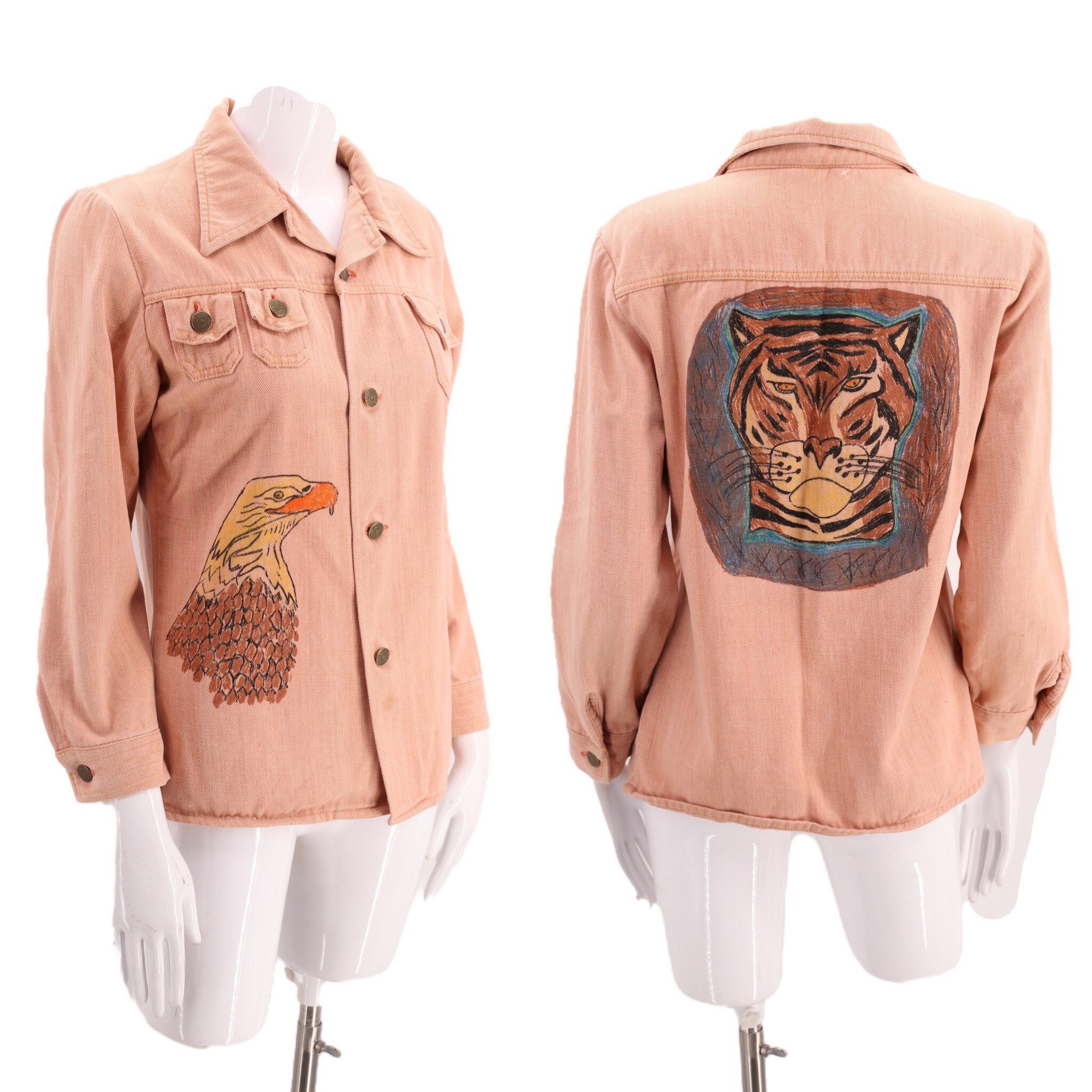 70s hand drawn denim custom jacket M / vintage 1970s novelty animal ...