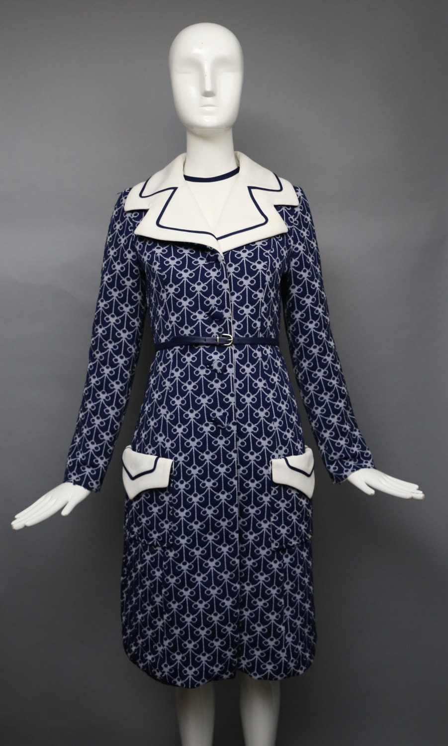 60s LILLI ANN Knit navy poly jersey print COAT & dress set w/ belt ...