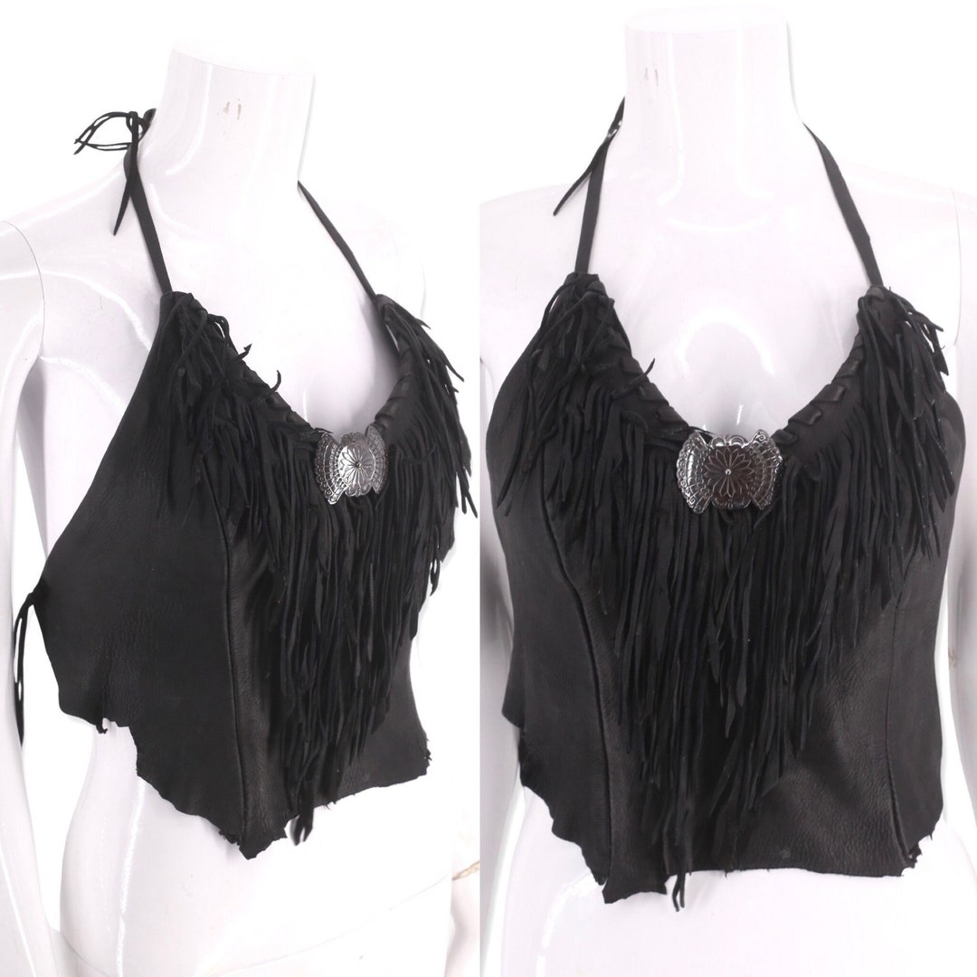 70s Fringe Leather Black Halter Top Size S, Vintage 1970s Custom Biker ...
