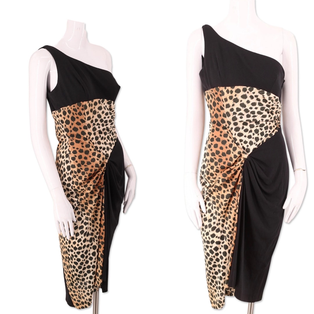 70s FUNKY Leopard Print Disco Dress M / 1970s Vintage One Shoulder ...