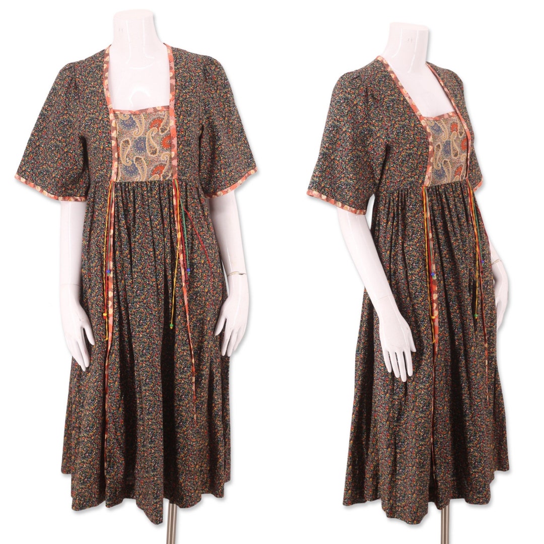 70s PJ WALSH Peasant Dress S, Vintage 1970s Mixed Media Cotton Dress ...