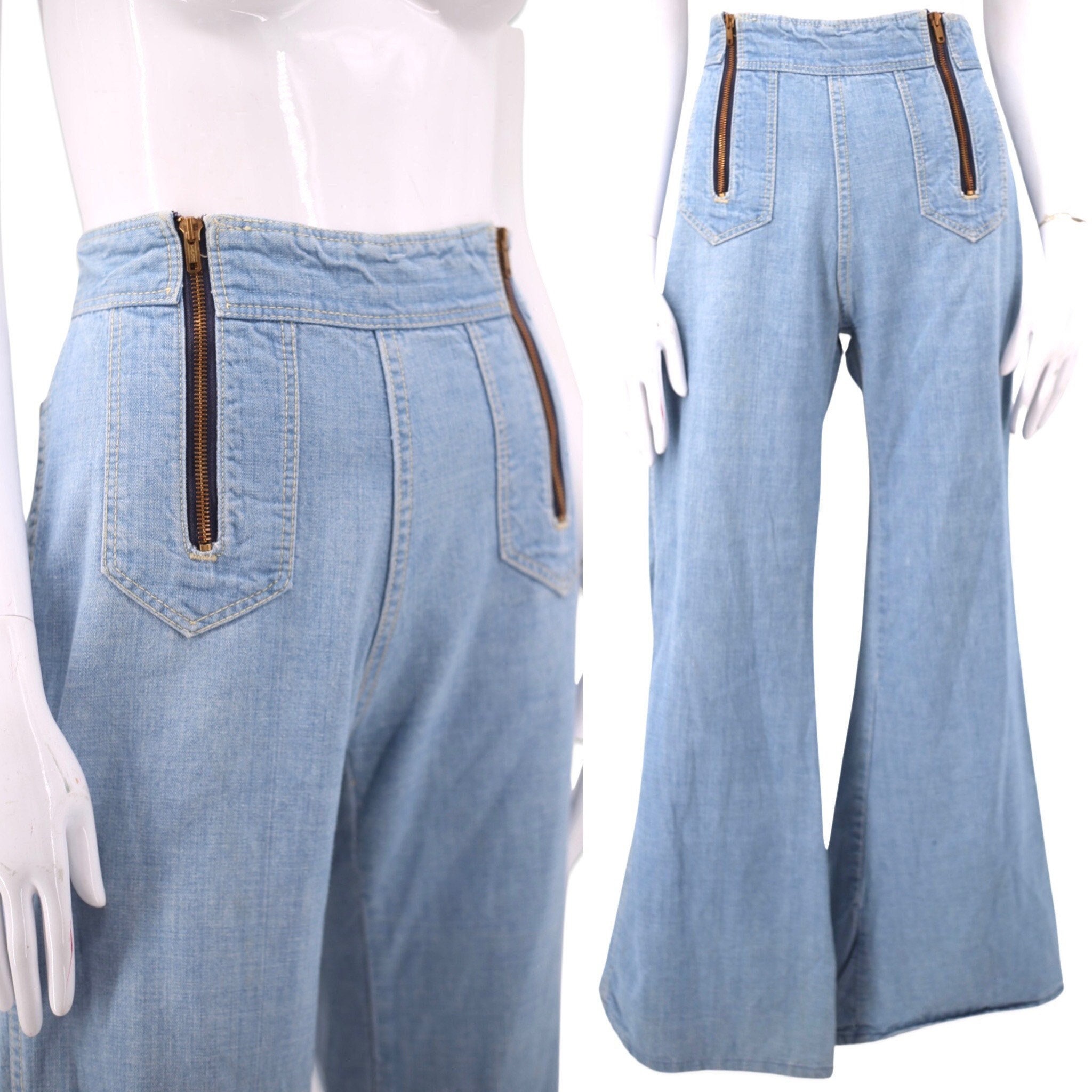70s denim double zipper high waisted bell bottom jeans sz 30 / vintage ...