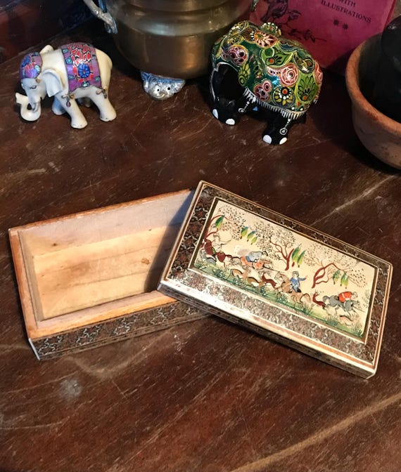 Antique Persian Khatam Inlay Trinket Box, Carved Wood… - Gem