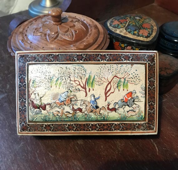 Antique Persian Khatam Inlay Trinket Box, Carved Wood… - Gem